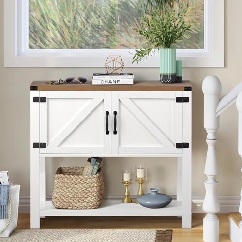 4ever2buy Farmhouse Coffee Bar Cabinet with Barn Doors, White Coffee Bar Stand with Storage, 36 inch Coffee and Tea Bar with Bottom Shelf for Living Dining Room