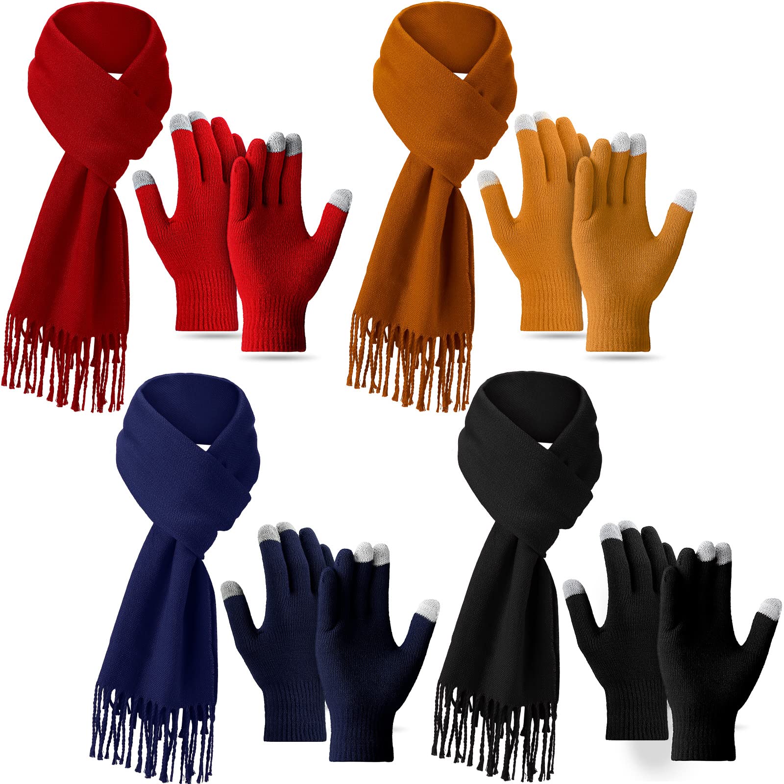 8 Pieces Scarf and Gloves Winter Knit Scarf and Glove Set, Cashmere Soft Scarf with Touchscreen Gloves for Women Gift (Black, Caramel, Navy, Burgundy)