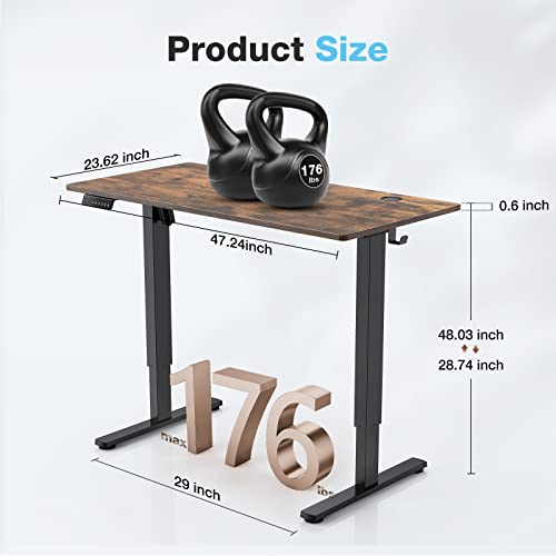 SMUG Standing Desk, 48 x 24 Inch Electric Height Adjustable Computer Desk for Home Office, Sit Stand up Work Gaming Table with Memory Controller/Headphone Hook, Rising Lift Workstation-Rustic Brown