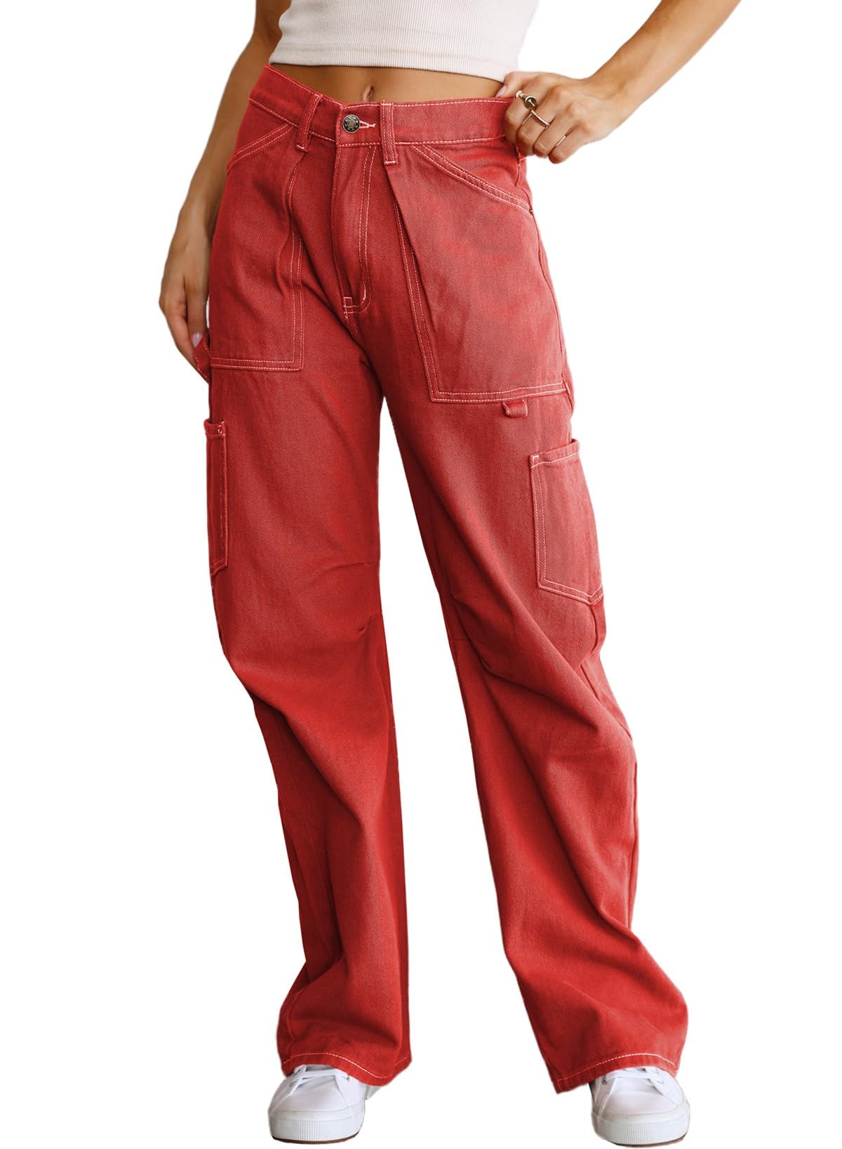 Dokotoo Red Pants Women Straight Leg Jeans for Women Trendy Baggy Y2K Holiday Party Beach Outfits for Women 2024 Womens Fashion Womens Clothes Clothing Pants