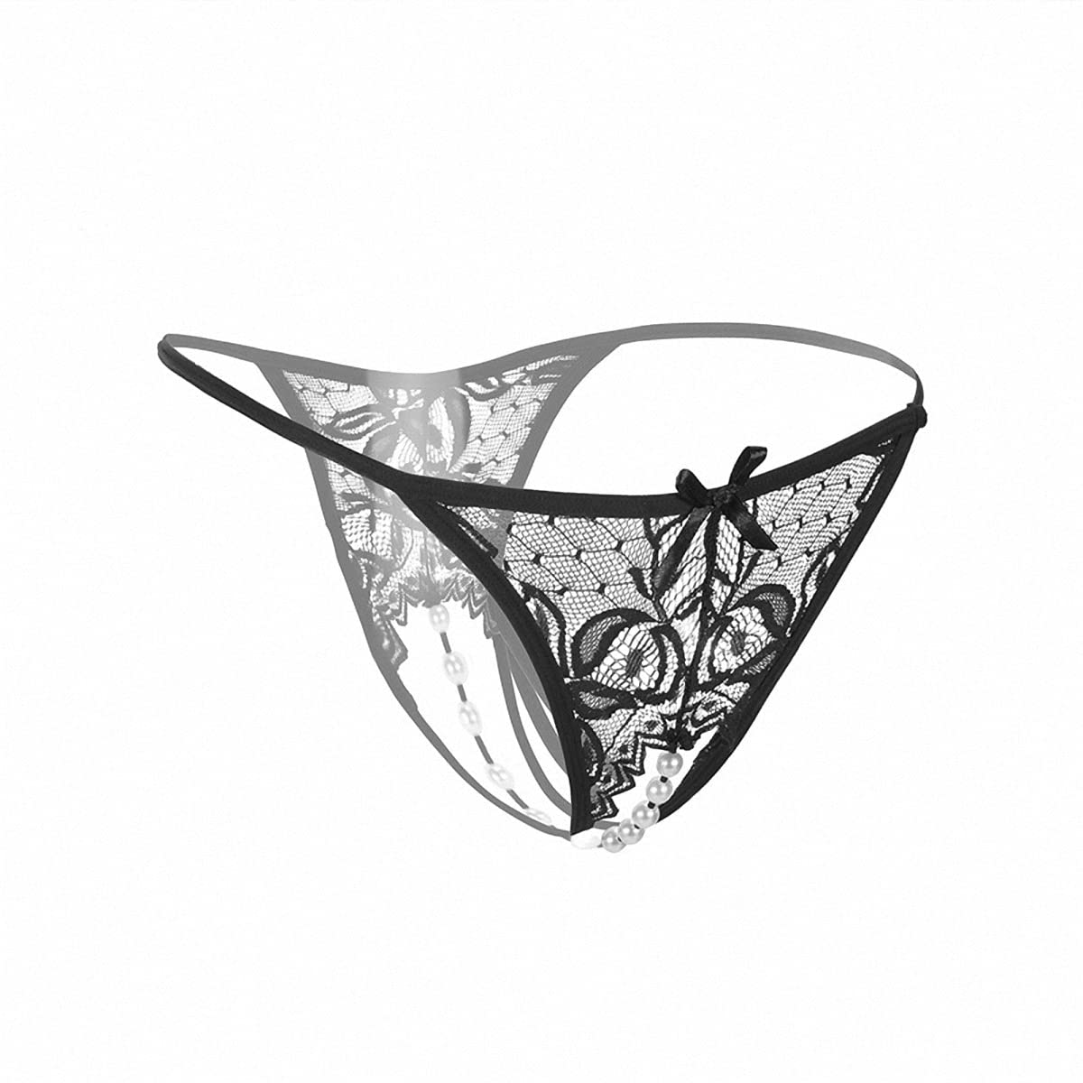 AkovichFarh Women Pearl Lace Bowknot Beads Lace Panties Erotic Thong Lingerie Underwear