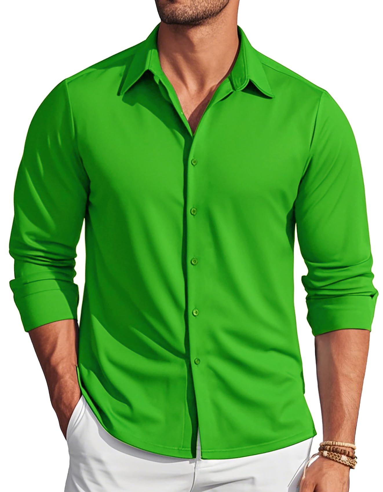 Barry.Wang Mens Emerald Green Stretch Dress Shirts Solid Sage Green Long Sleeve Button Down Shirts Formal Casual Business