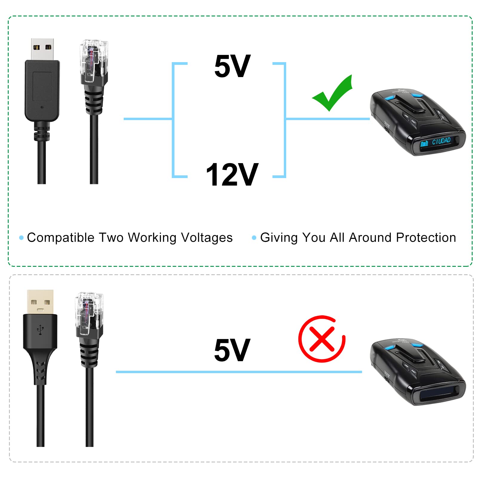 Jsvecip Radar Detector Cable, USB to RJ11 Plug Cable,for Escort Radenso XP Uniden Beltronics Cobra Whistler Radar Detector,Replacement Power Cable for Radar Detectors.(RJ11-6.56ft)