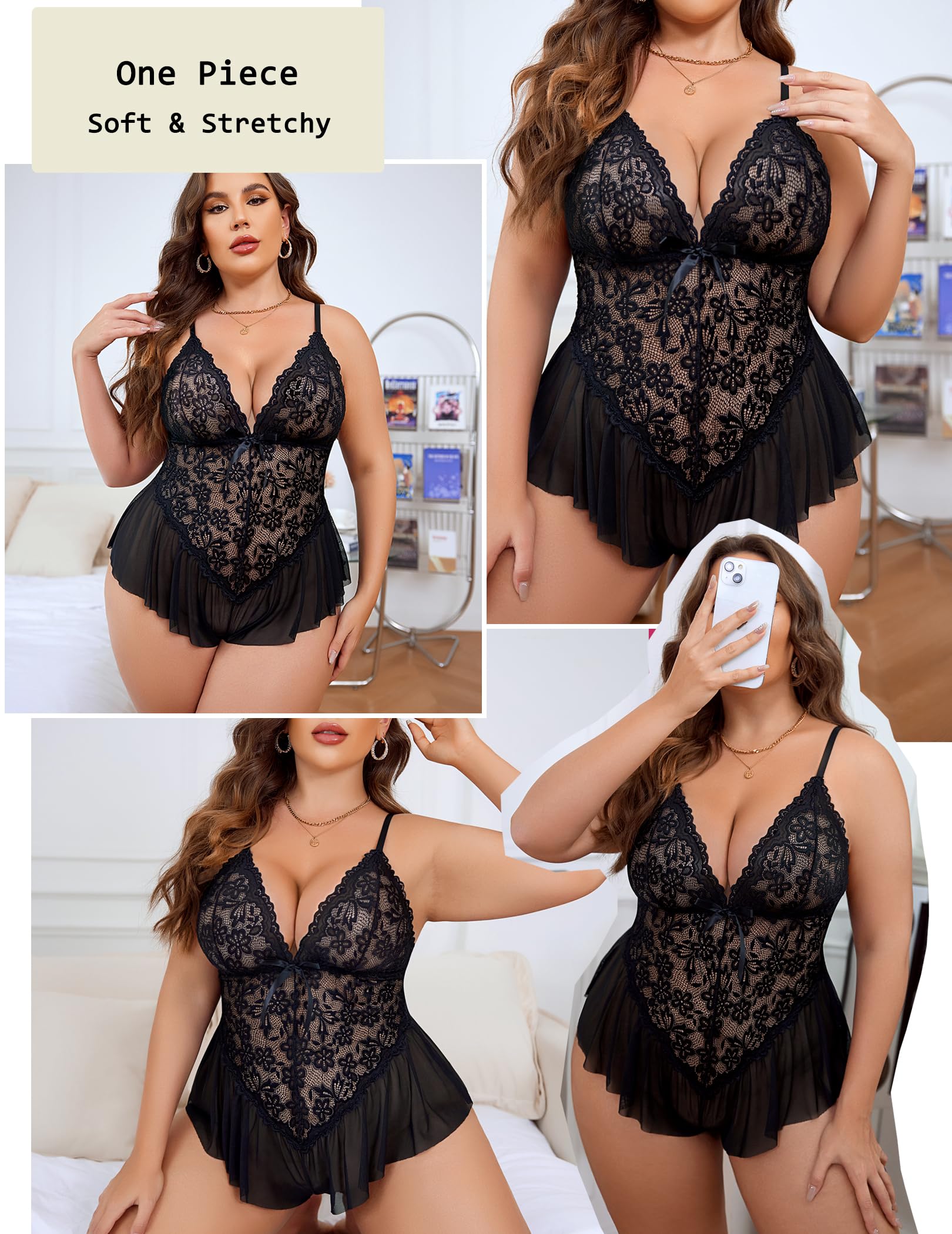 Avidlove Black One Piece Bodysuit Women Plus Size Lace Lingerie Mesh Chemise One Piece Teddy Babydoll Nightgown