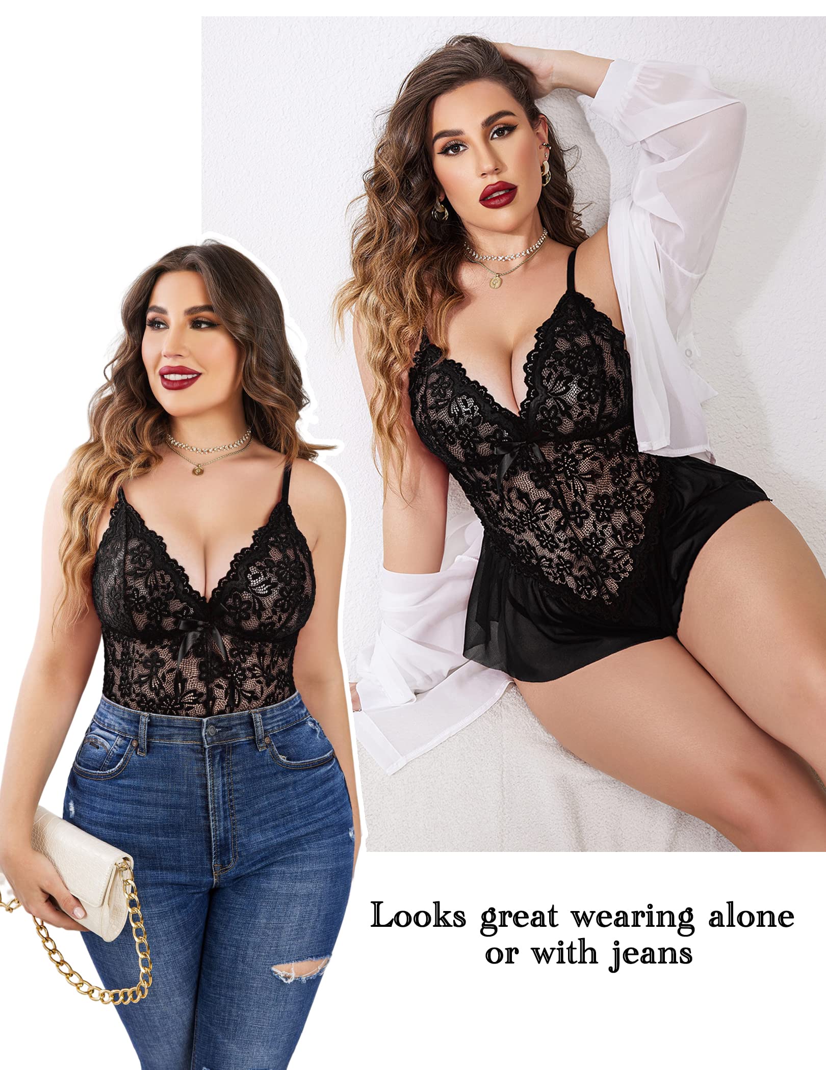 Avidlove Black One Piece Bodysuit Women Plus Size Lace Lingerie Mesh Chemise One Piece Teddy Babydoll Nightgown