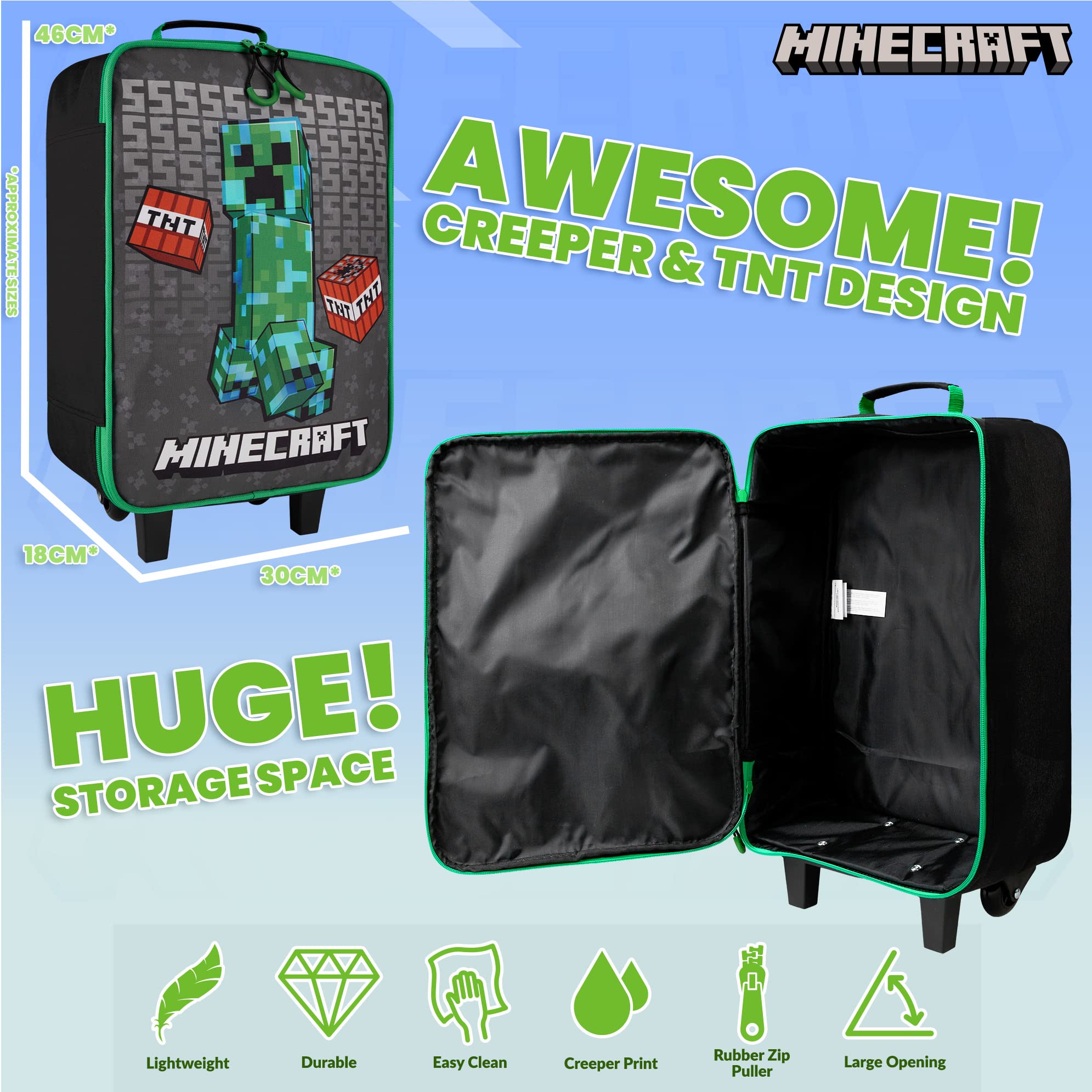 Minecraft Kids Luggage with Wheels Foldable Rolling Suitcase Creeper Travel Bag Vacation Weekend Trips Travel Essentials (18.11x11.81x7.08inch, Black)