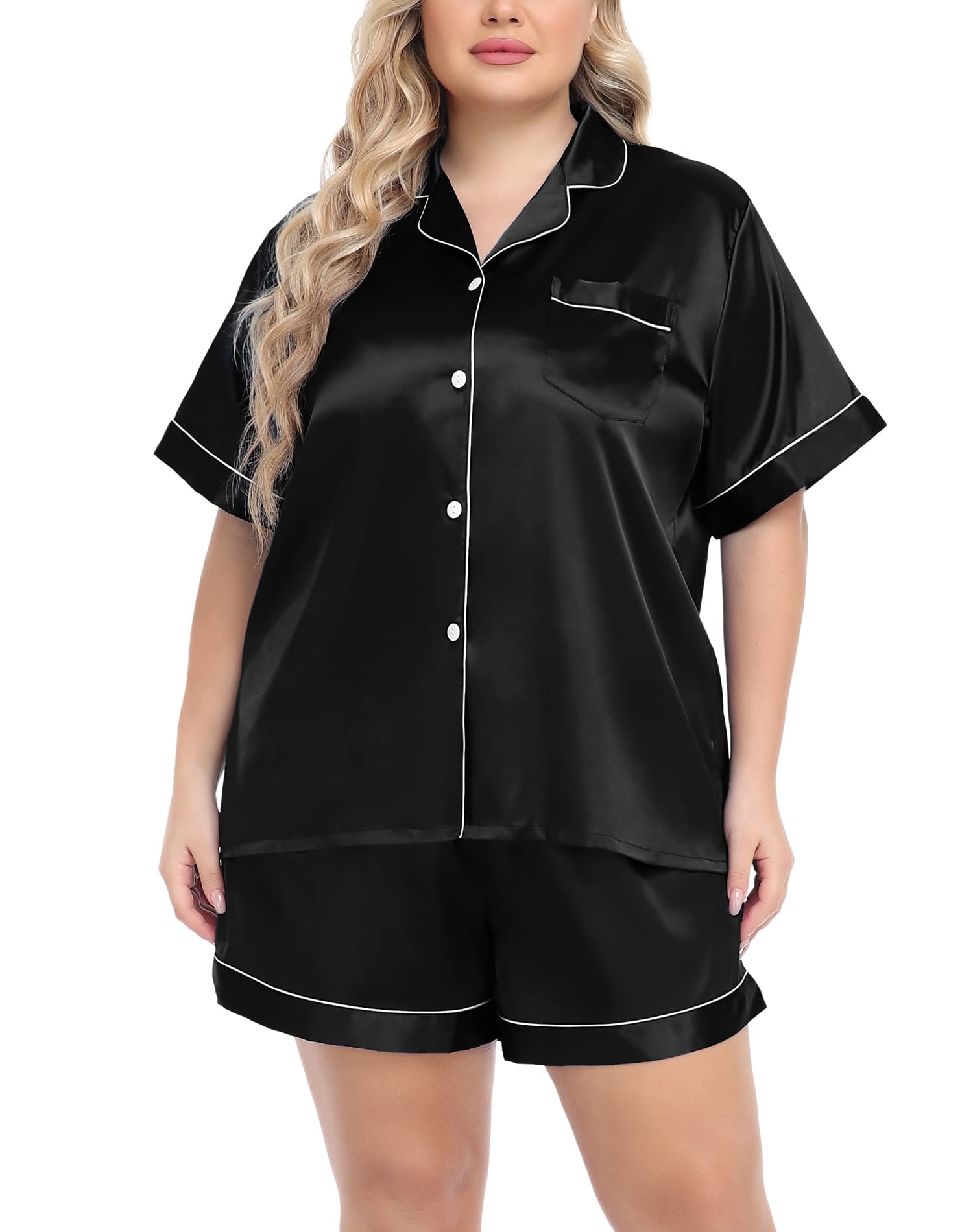 SWOMOG Women's Plus Size Pajama Set Silk Satin Pajamas Button Down Loungewear Short Sleeve Pjs 2 piece Sleepwear 16-28W Black