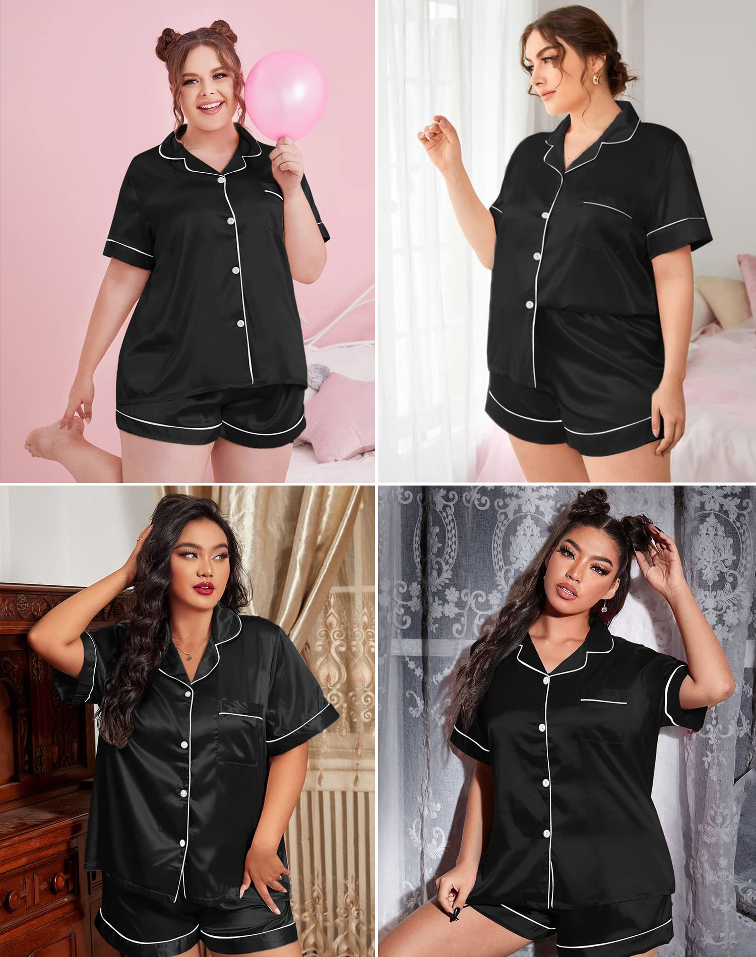 SWOMOG Women's Plus Size Pajama Set Silk Satin Pajamas Button Down Loungewear Short Sleeve Pjs 2 piece Sleepwear 16-28W Black