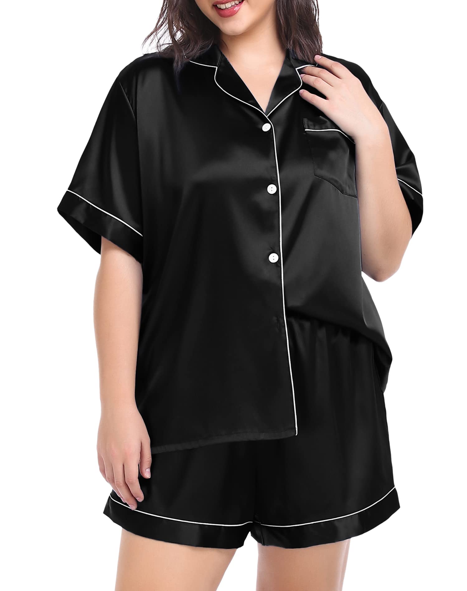 SWOMOG Women's Plus Size Pajama Set Silk Satin Pajamas Button Down Loungewear Short Sleeve Pjs 2 piece Sleepwear 16-28W Black