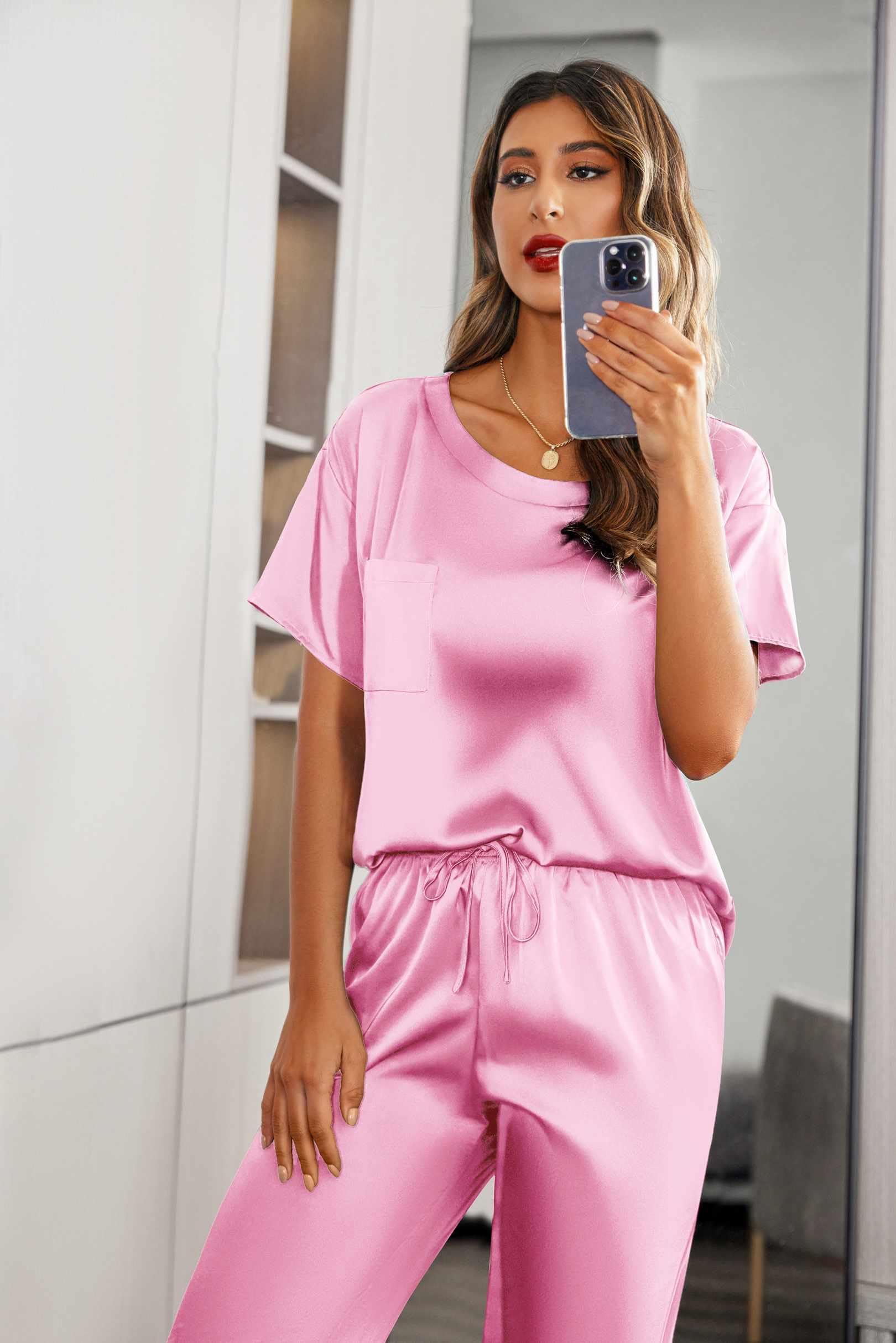 Ekouaer Womens Silk Satin Pajamas Set Two Piece Pj Sets Sleepwear Loungewear Short Sleeve Pj Sets Hot Pink