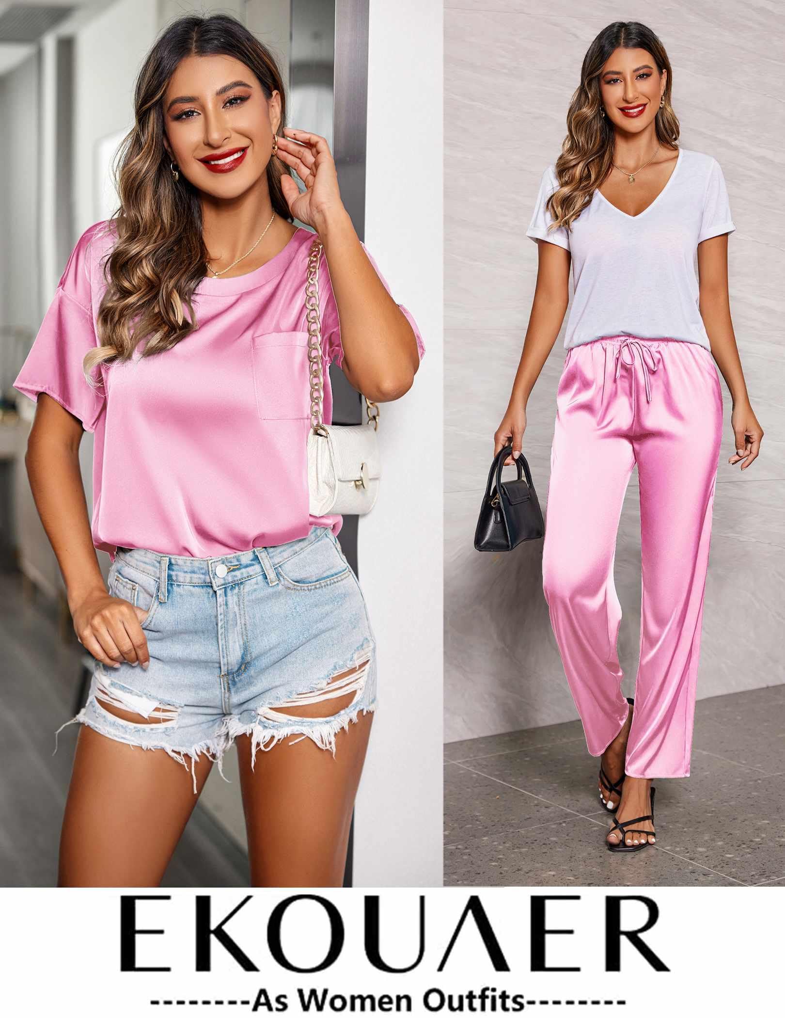 Ekouaer Womens Silk Satin Pajamas Set Two Piece Pj Sets Sleepwear Loungewear Short Sleeve Pj Sets Hot Pink