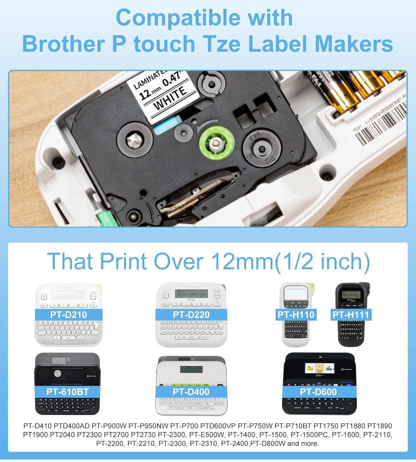 MarkDomain 12-Pack Label Maker Refills Replacement for Brother P Touch TZe TZ 12mm 0.47 Laminated TZe231 Black on White Label Tape, Work with Brother PT-D220 PT-D210 PT-H110 PT-D410, 12mm x 8m