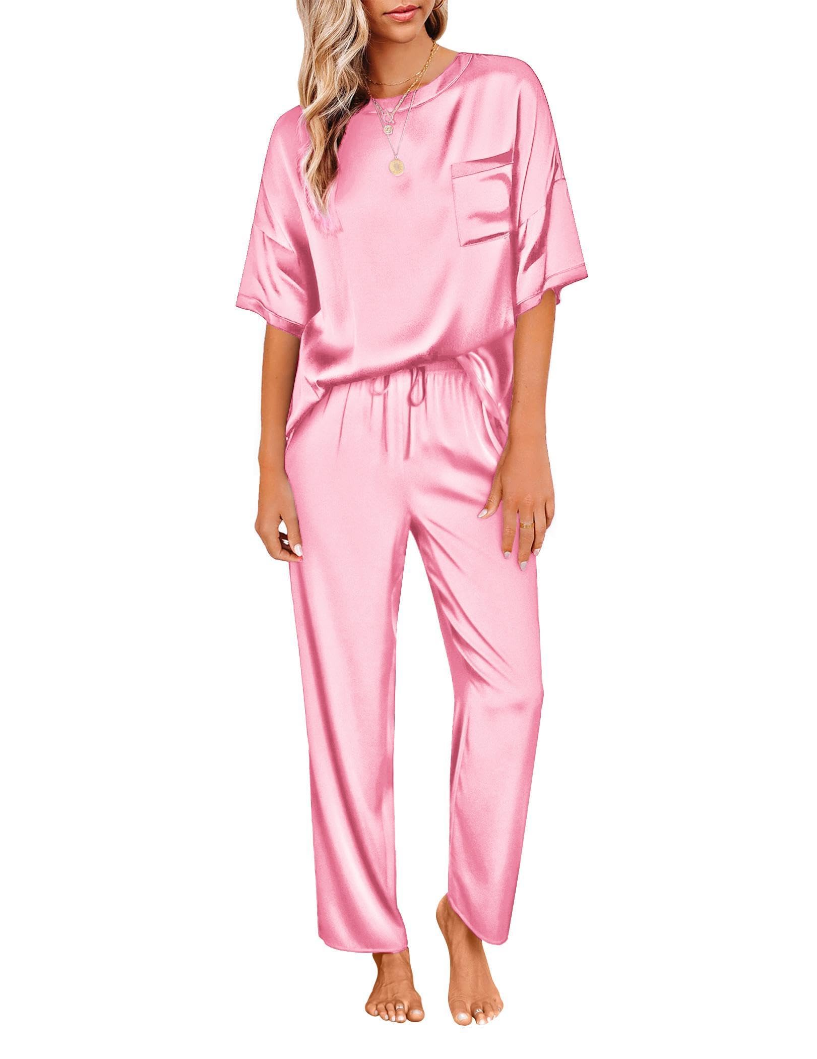 Ekouaer Womens Silk Satin Pajamas Set Two Piece Pj Sets Sleepwear Loungewear Short Sleeve Pj Sets Hot Pink