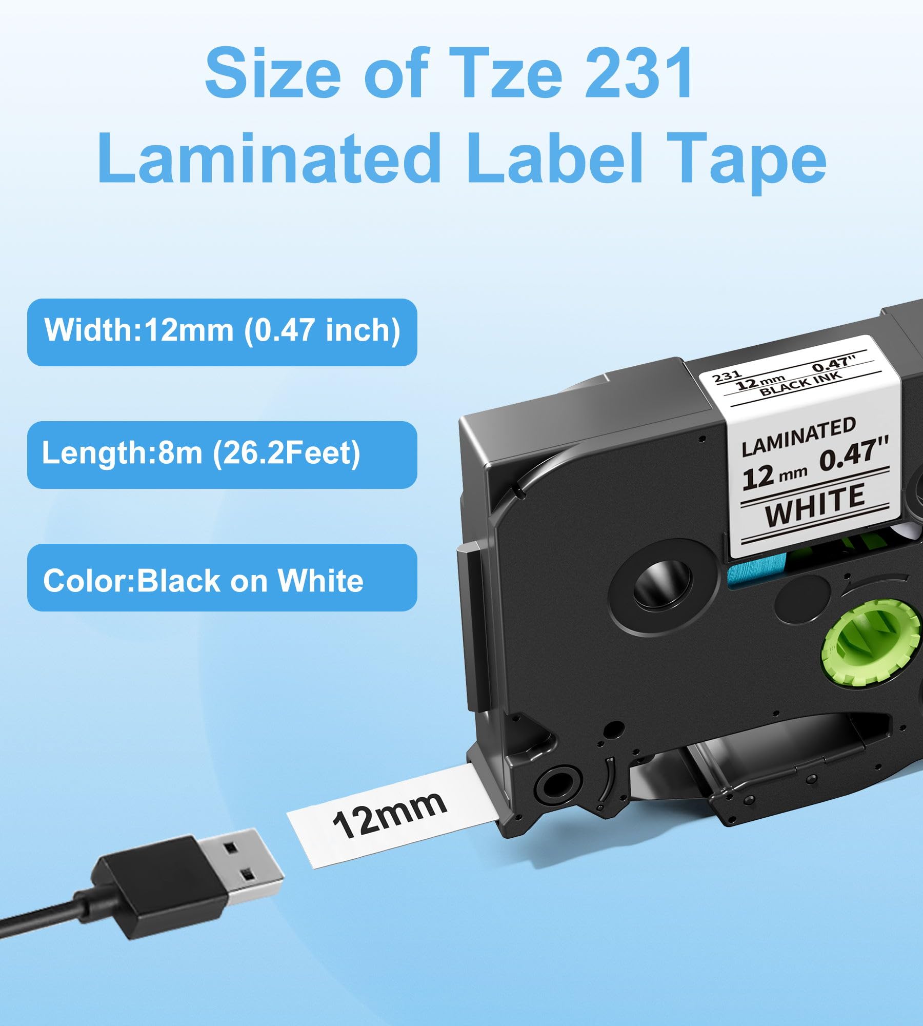 MarkDomain 12-Pack Label Maker Refills Replacement for Brother P Touch TZe TZ 12mm 0.47 Laminated TZe231 Black on White Label Tape, Work with Brother PT-D220 PT-D210 PT-H110 PT-D410, 12mm x 8m