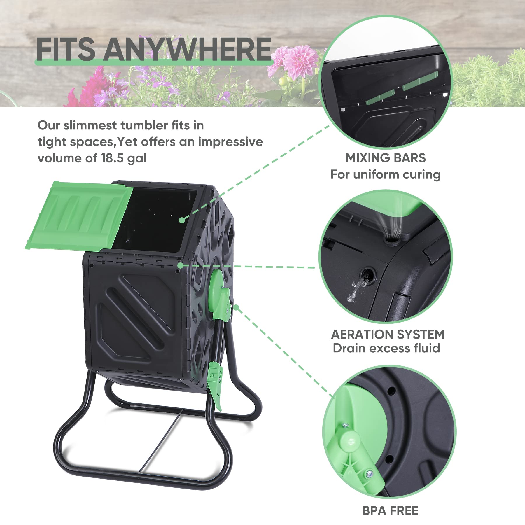 Nova Microdermabrasion 18.5 Gallon Compact Single Room Outdoor Garden BPA Free Compost Tumbler-All Season-Heavy Duty Composter