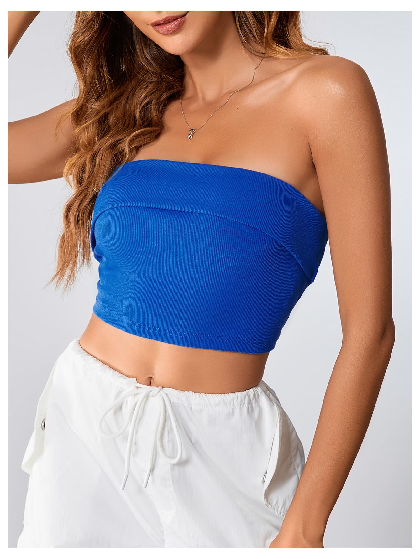 SOLY HUX Women's Ribbed Knit Basic Y2K Crop Tube Top Sleeveless Strapless Casual Summer Tops Pure Blue M