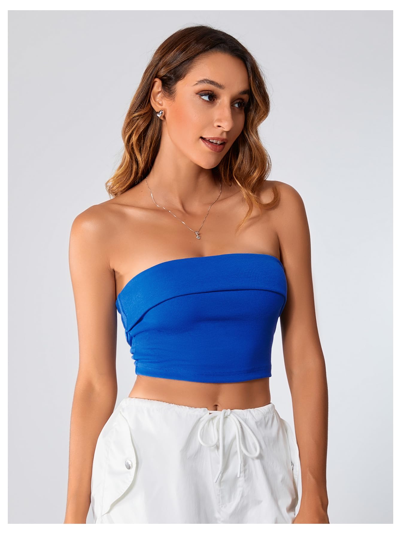 SOLY HUX Women's Ribbed Knit Basic Y2K Crop Tube Top Sleeveless Strapless Casual Summer Tops Pure Blue M