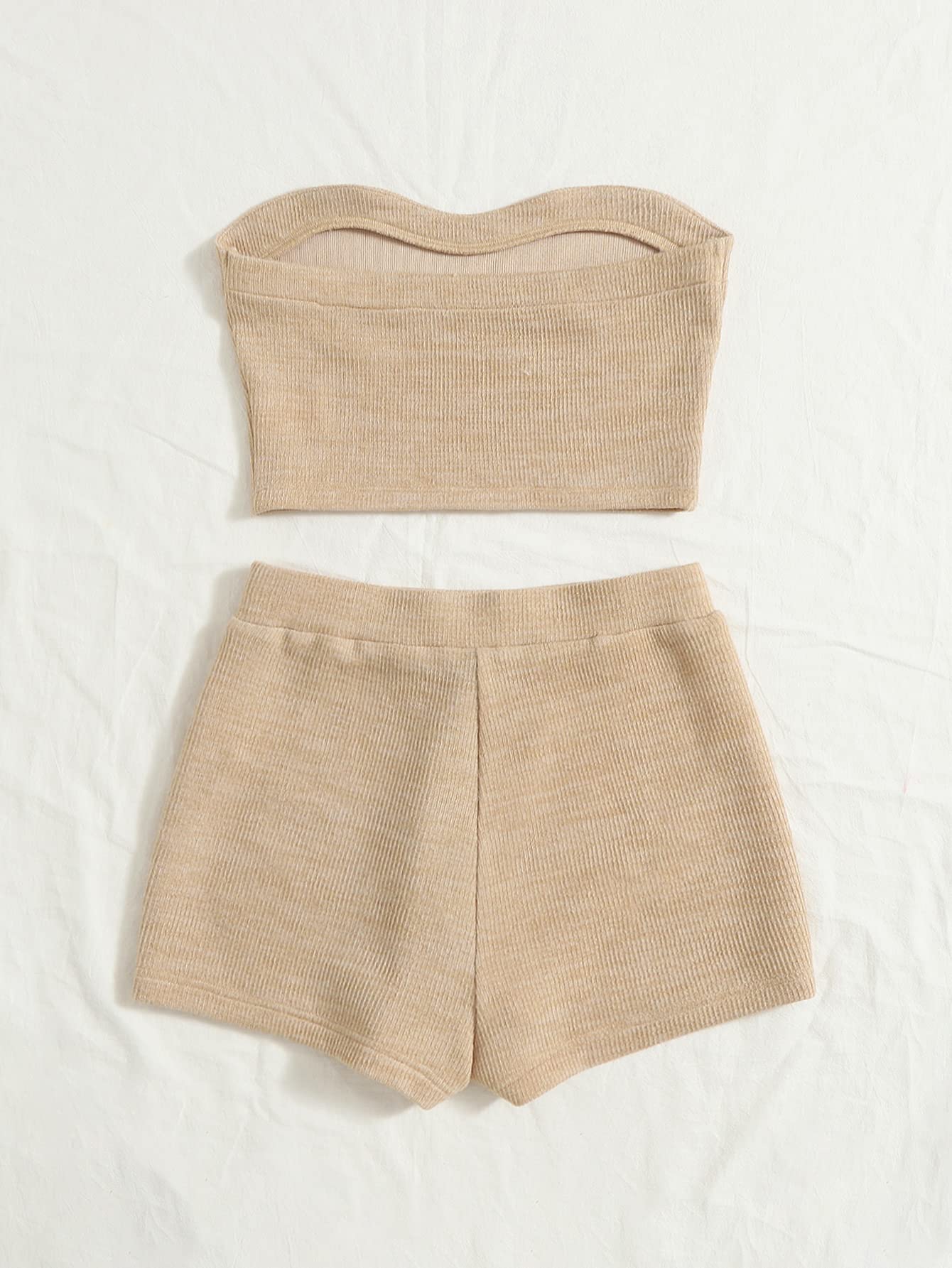 Verdusa Women's 2 Piece Outfit Ribbed Crop Bandeau Tube Top and Biker Track Shorts Sets Khaki M