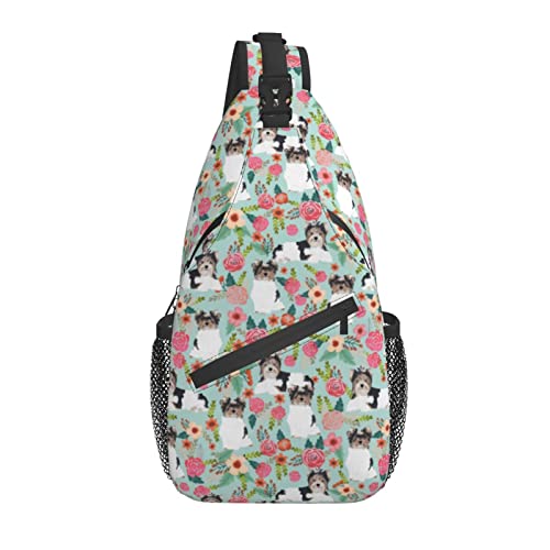 Cute Biewer Terrier Dogs Rose Flower Floral Funny Animal Dog Puppy Sling Bag Folding Chest Shoulder Backpack Crossbody Bags For Men Woman Travel Gym School Ipad Camera 3D Print Backpacks Holiday Gifts