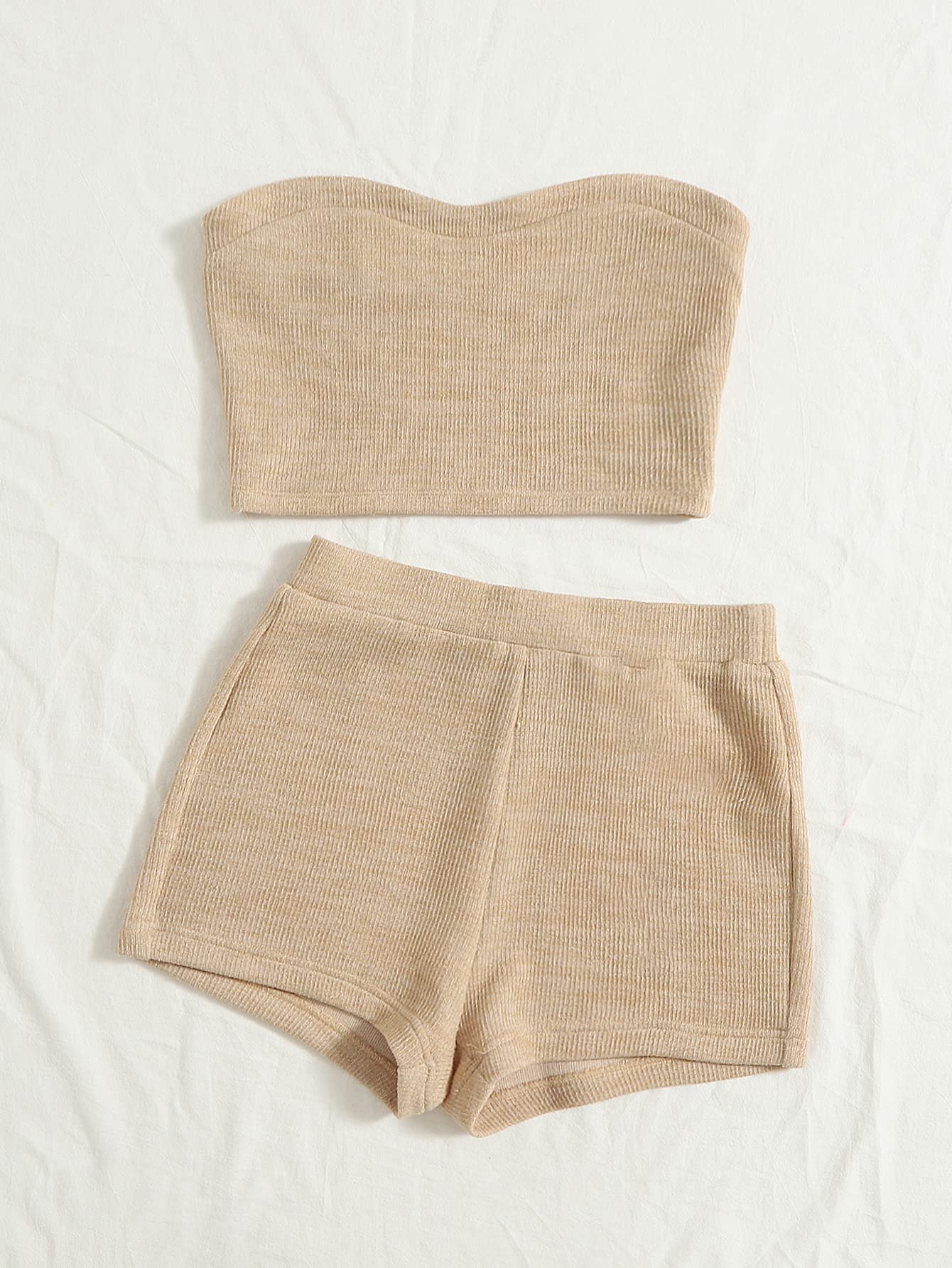Verdusa Women's 2 Piece Outfit Ribbed Crop Bandeau Tube Top and Biker Track Shorts Sets Khaki M