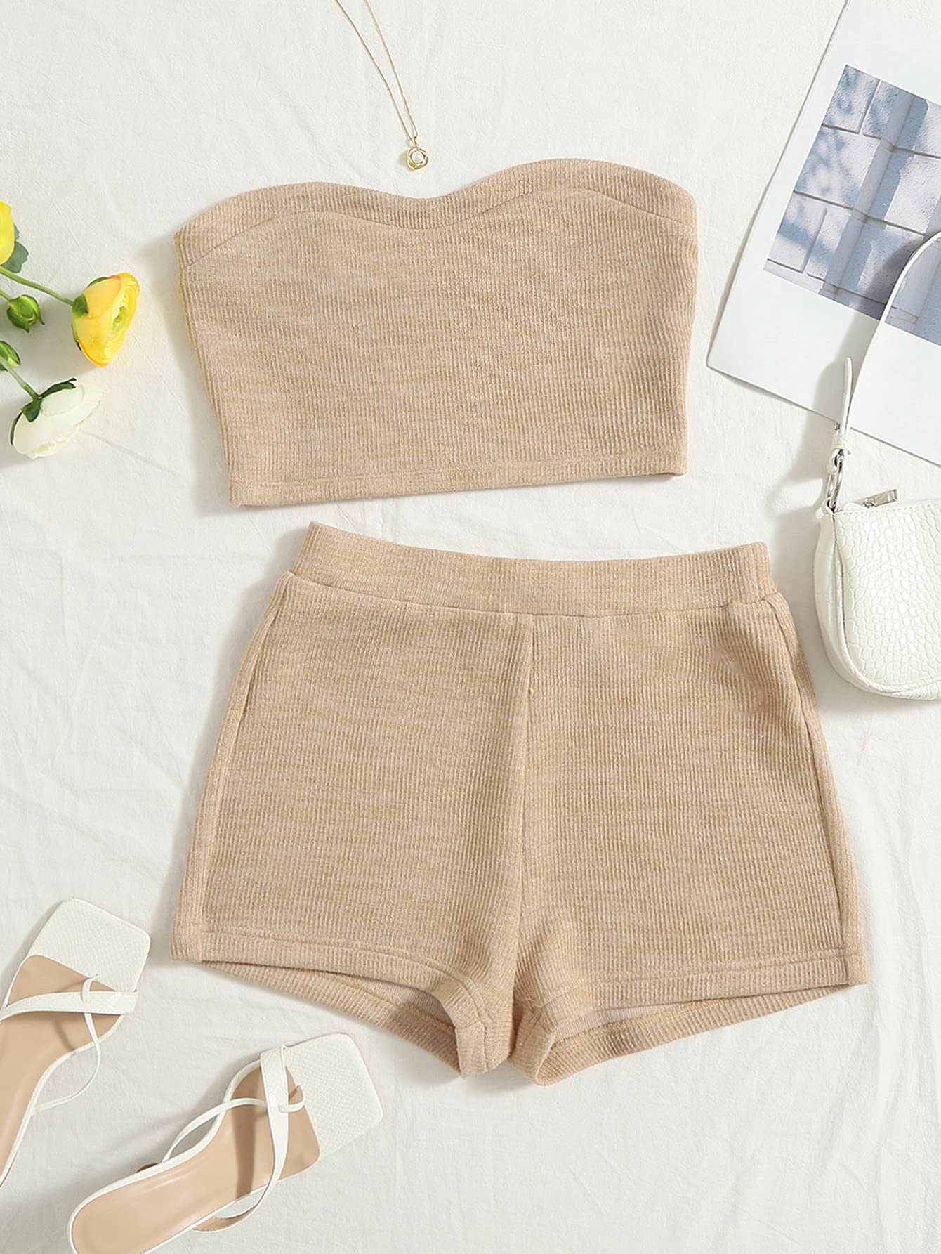 Verdusa Women's 2 Piece Outfit Ribbed Crop Bandeau Tube Top and Biker Track Shorts Sets Khaki M