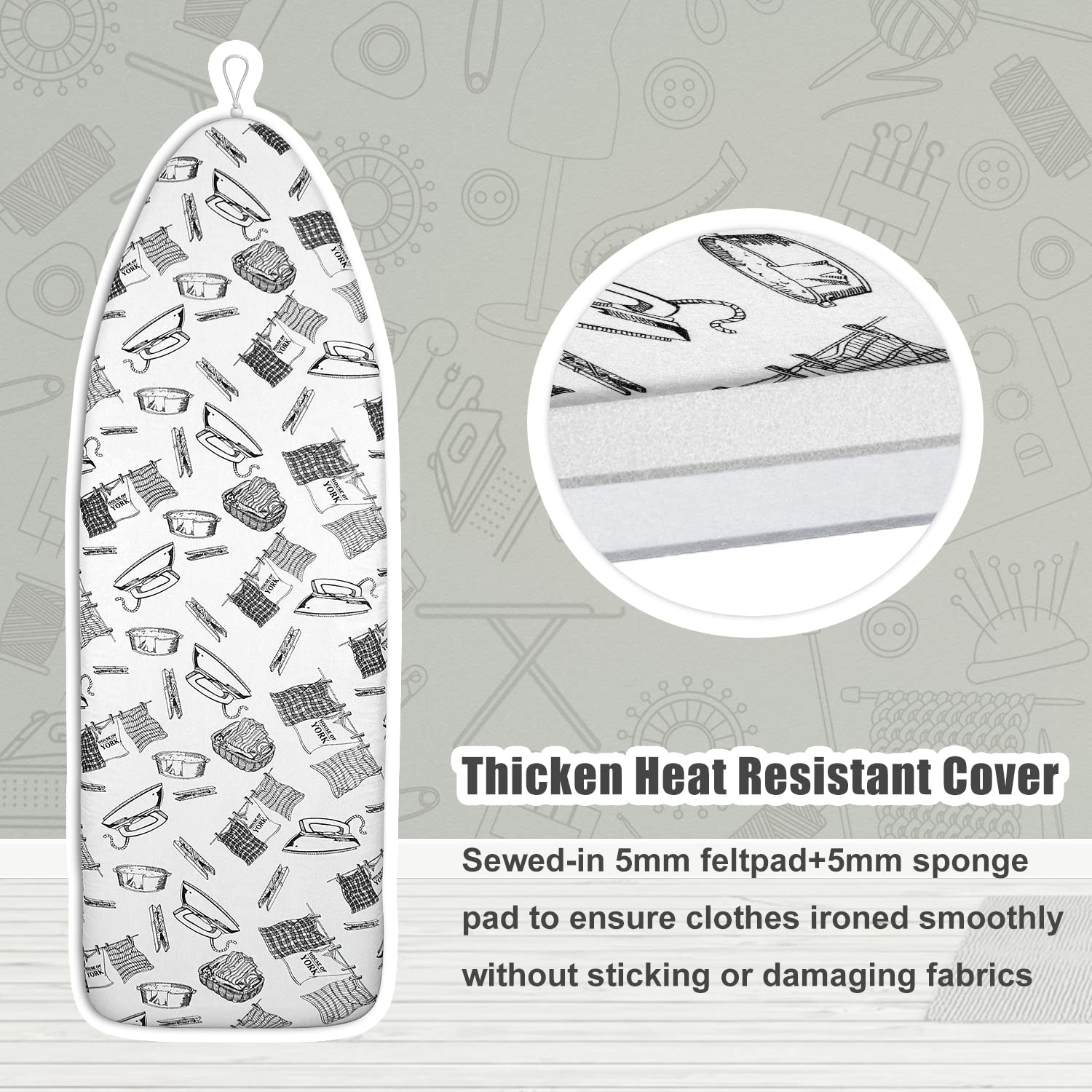 Duwee 15x54 inch Heat Resistance Metallic Ironing Board Cover Durable Felt Material Padding, Sew-in Bungee Cord, Easily Handle and Fits Board Beautifully(Iron Patten)