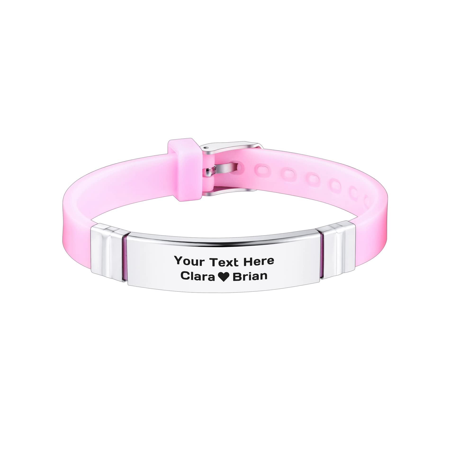 OTXIXTO Personalized Bracelet Engraving Names Silicone Sport Wrist Identification ID Tag Bracelet/Customized for Men Women Stainless Steel Rubber Adjustable Length(SA: pink belt)