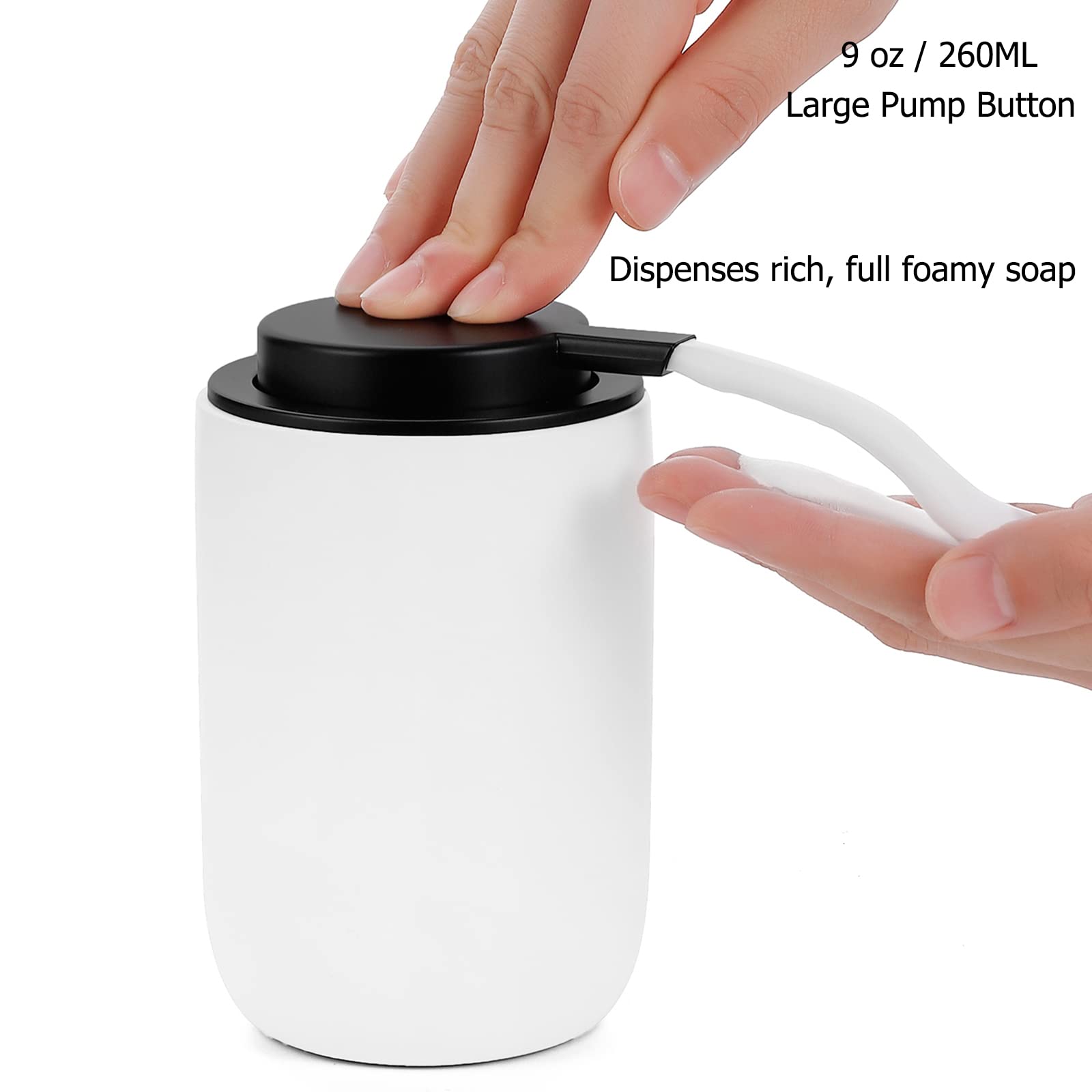 Foaming Soap Dispenser Thick Ceramic Foam Hand Soap Dispenser for Bathroom or Kitchen Sink, Liquid Pump Bottles for Hand soap, Body Wash, 2 Pack White