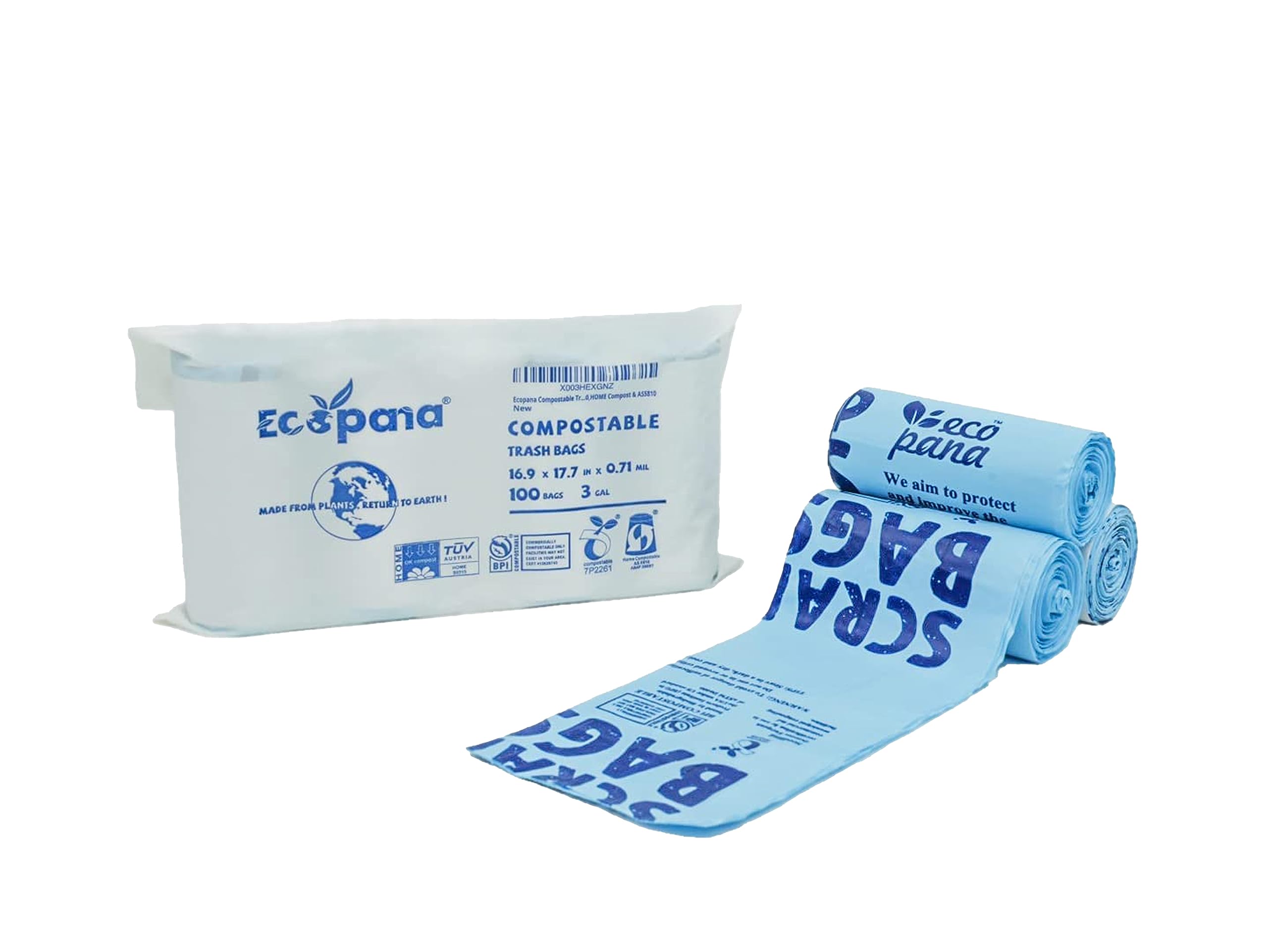 Ecopana 3 Gallon Compostable Bags(100 counts), 11.35 Liter, Extra Thick 0.71Mil, Samll Kitchen Food Waste Bags, 100% Compostable, Certified US BPI ASTM D6400, HOME Compost & AS5810