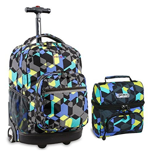 J World Combo Rolling Backpack & Lunch Bag Back to School Bundle Set Sunrise / Corey, Cubes