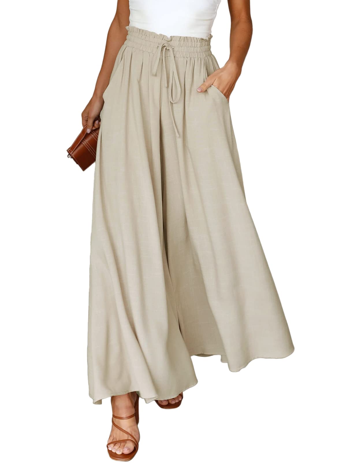 Dokotoo Women Beach Fashion High Waist Drawstring Wide Leg Long Pants with Pockets Casual Loose Breathable Lounge Yoga Trousers Ladies Beach Vacation Clothes for Women Beige XL