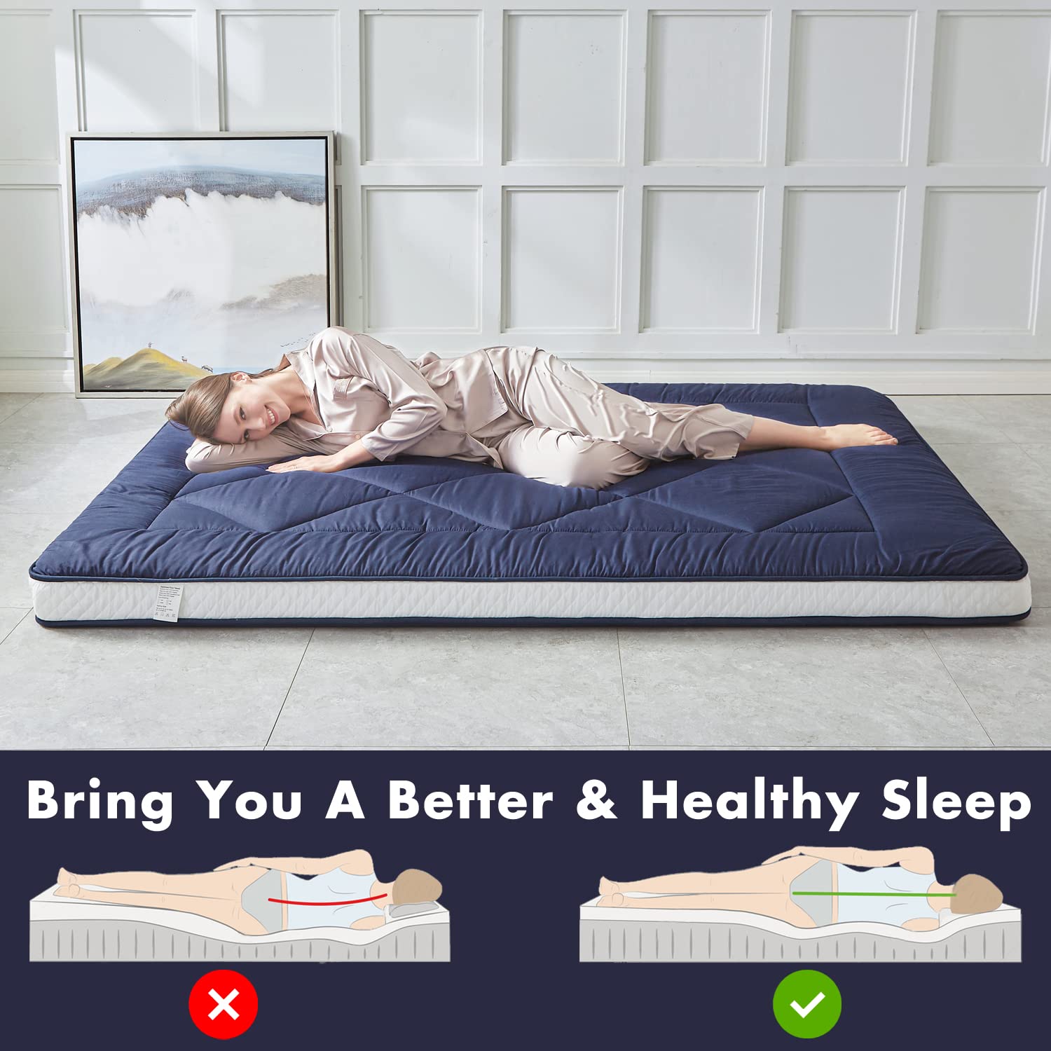 Heimorn Japanese Floor Futon Mattress - Thicken Sleeping Foldable & Portable Roll up Camping Mattress, Blue Full