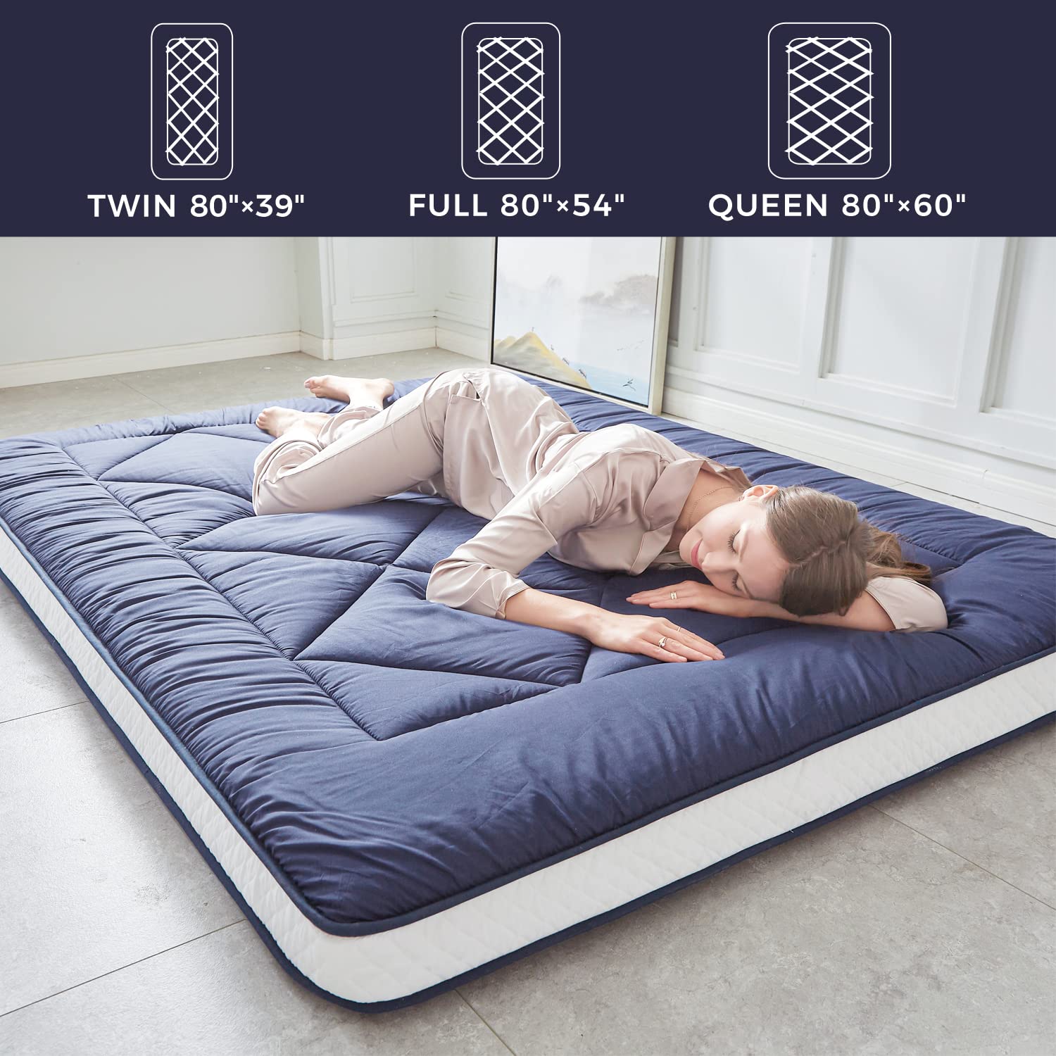 Heimorn Japanese Floor Futon Mattress - Thicken Sleeping Foldable & Portable Roll up Camping Mattress, Blue Full