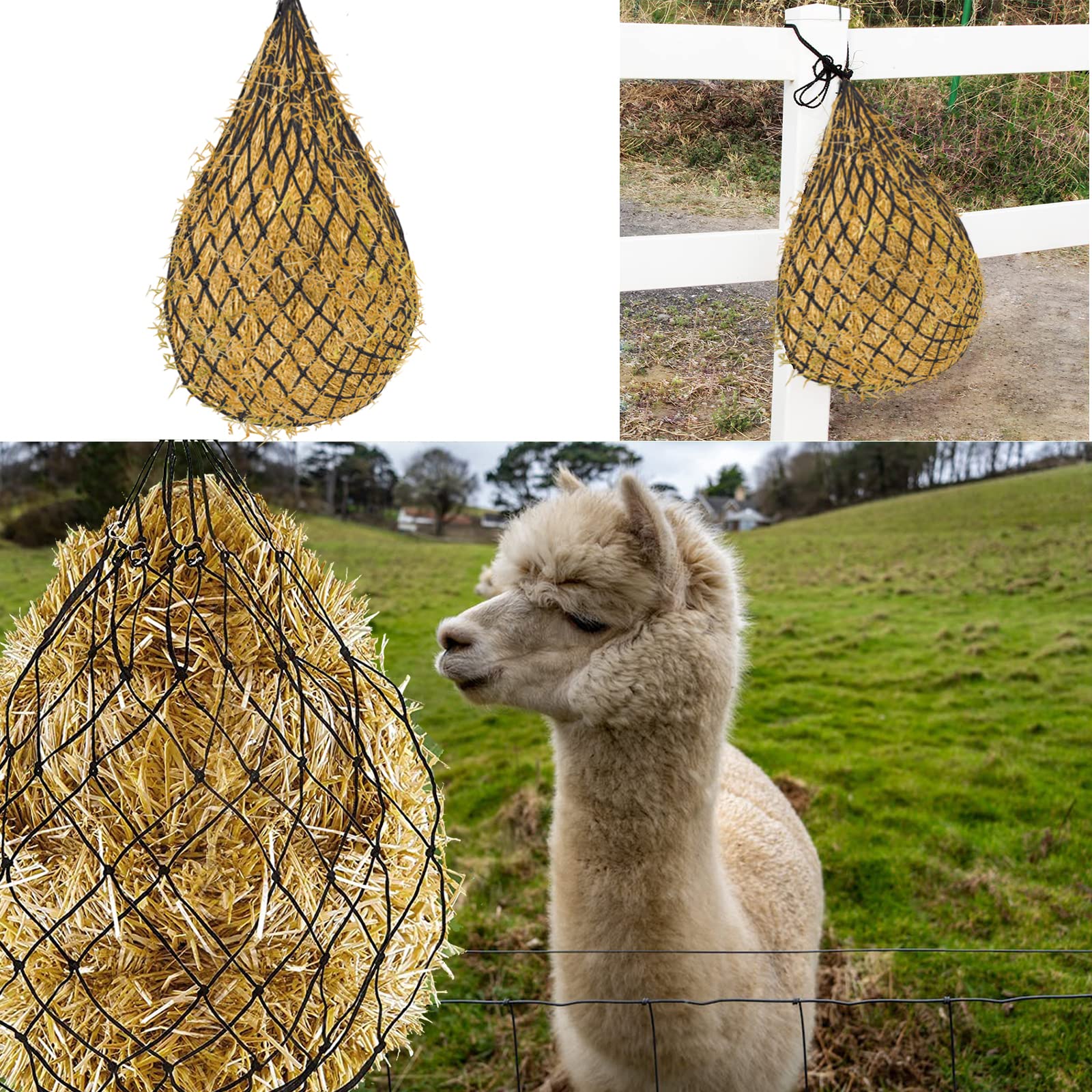 4 Pcs Hay Bags for Horses: 42 inch Long Slow Feed Hay Net for Horses - 2 * 2 inch Holes Mess with Nylon Rope Hanging (Black)