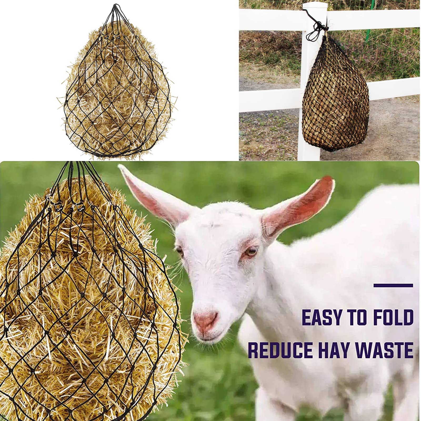 4 Pcs Hay Bags for Horses: 42 inch Long Slow Feed Hay Net for Horses - 2 * 2 inch Holes Mess with Nylon Rope Hanging (Black)