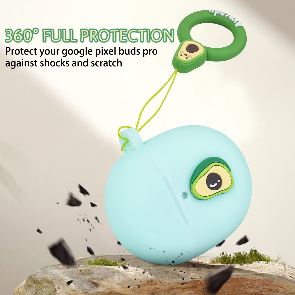 Newseego for Google Pixel Buds Pro(2022) Case, Cute 3D Funny Protective Cover Soft Silicone Cartoon Anti-Lost Shockproof Case with Ring Buckle Keychain Design-Avocado