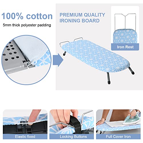 Johgee Foldable Tabletop Ironing Board with Iron Rest, Small Ironing Board with 2 Cotton Covers, Portable Mini Ironing Board with Non-Slip Folding Feet for Home, Laundry Rooms, Travel Use and Dorms