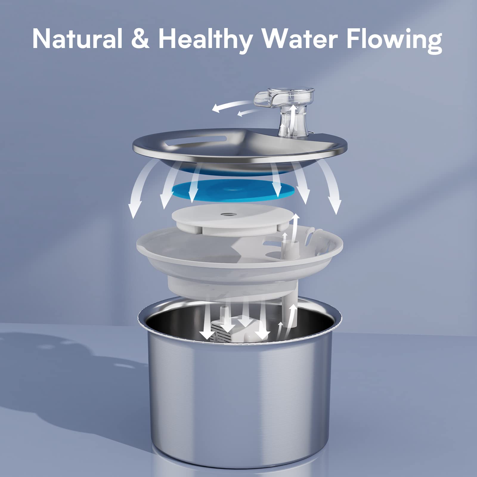 MEGADOO Cat Water Fountain Stainless Steel, 2.0L/67oz Pet Drinking Fountains, Automatic Cat Fountain with Quiet Pump, Dishwasher Safe Design, Suitable for Multiple Pets
