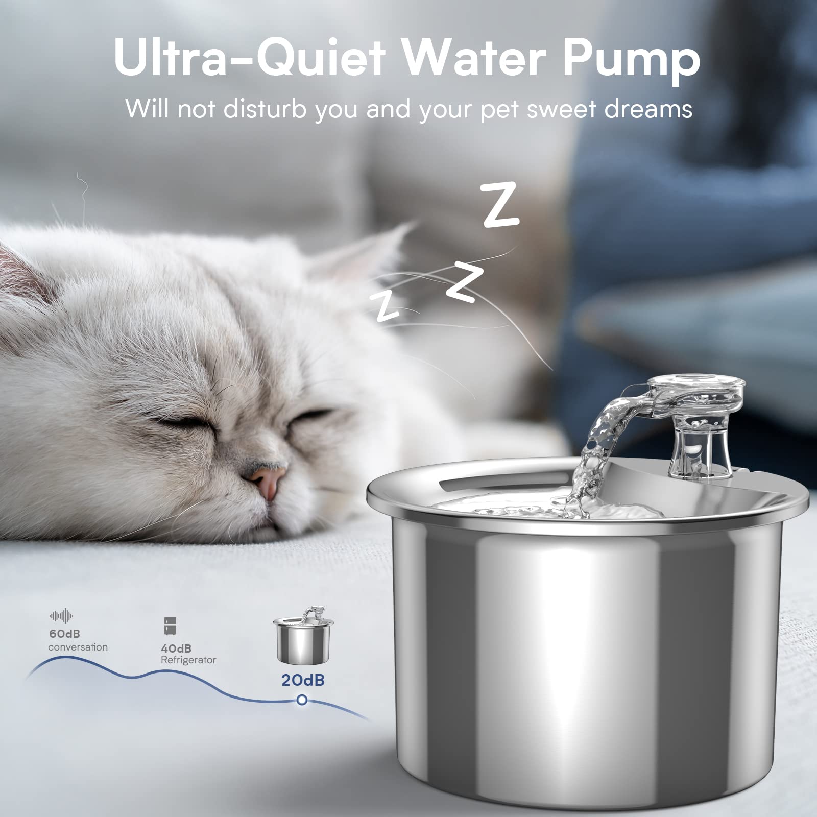 MEGADOO Cat Water Fountain Stainless Steel, 2.0L/67oz Pet Drinking Fountains, Automatic Cat Fountain with Quiet Pump, Dishwasher Safe Design, Suitable for Multiple Pets