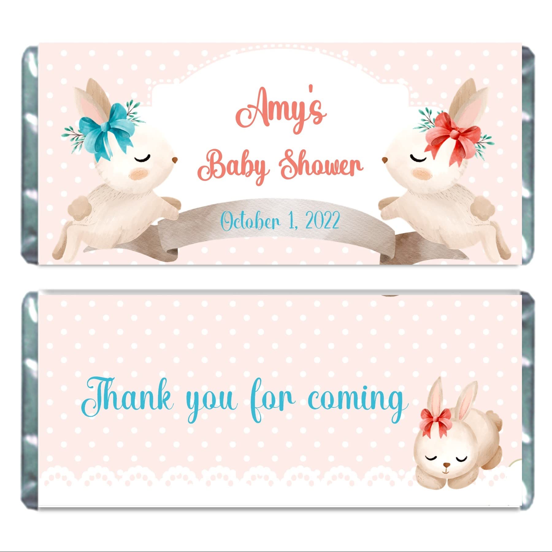 Baby Bunny Personalized Candy Bar Wrappers, Birthday Party Favors, Custom Chocolate Bar Labels, Pack of 20