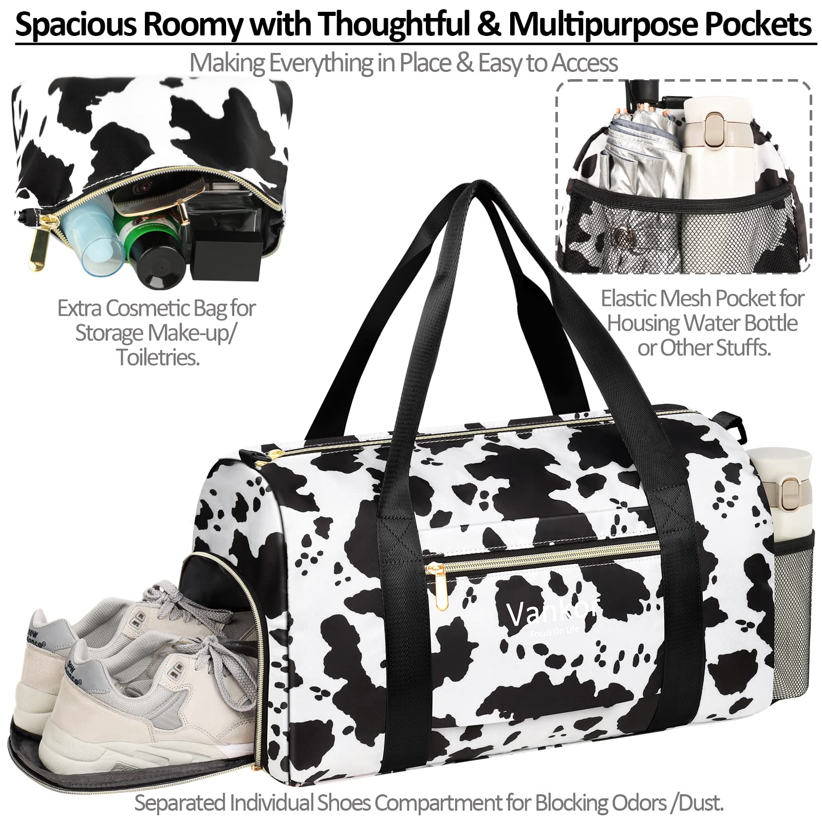Vankor Gym Bag for Women with Shoe Compartment, Waterproof Sports Duffle Bag, Medium-17.5 Inch, Cow Print