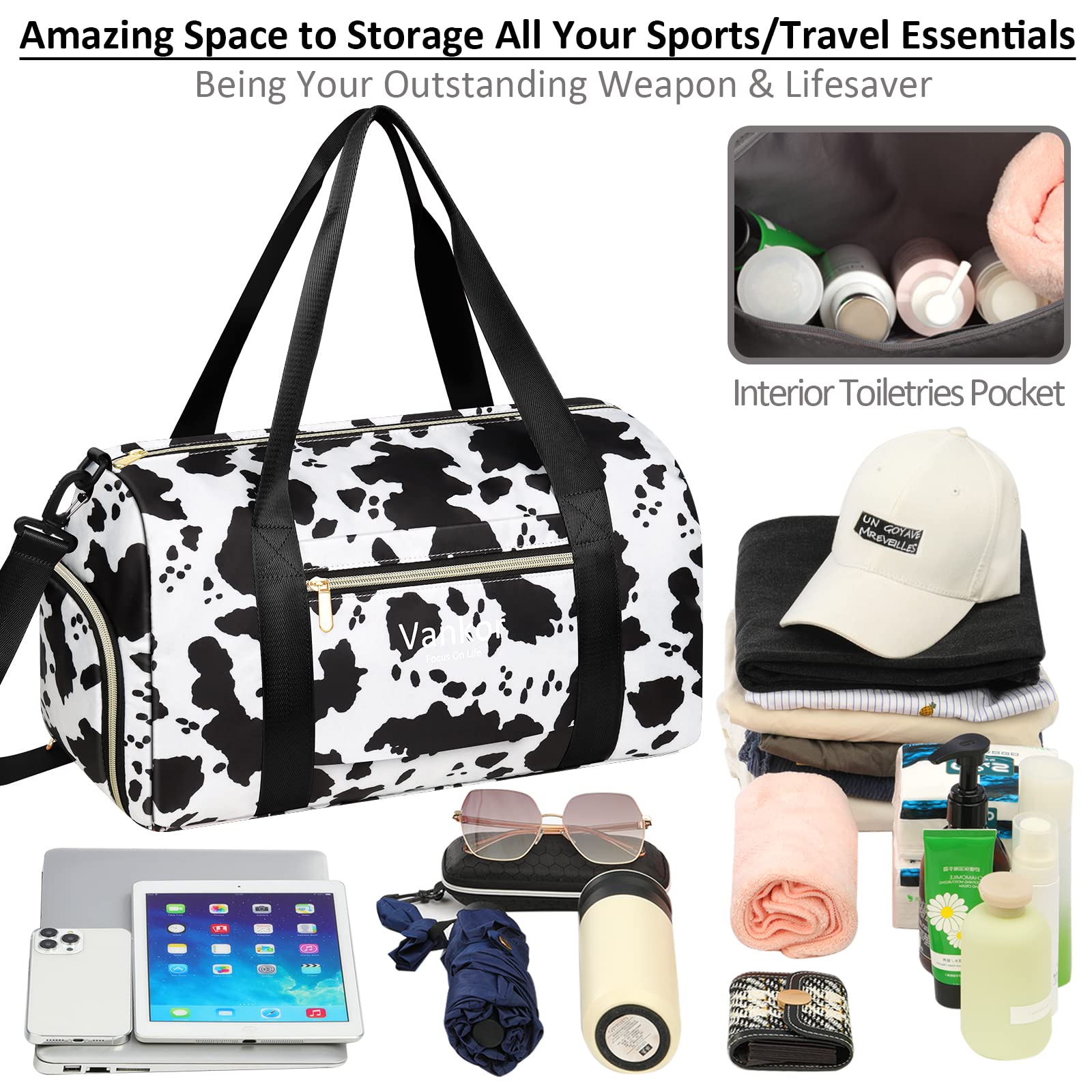 Vankor Gym Bag for Women with Shoe Compartment, Waterproof Sports Duffle Bag, Medium-17.5 Inch, Cow Print
