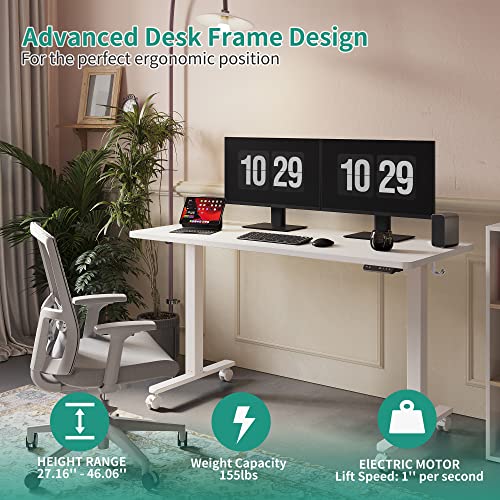 EleTab Standing Desk, 40 x 24 Inch Electric Stand up Height Adjustable Home Office Table, Sit Stand Desk with Splice Board, White Frame & White Desktop