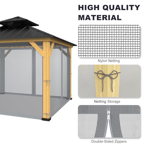 10-ft x 12-ft Gazebo Netting Replacement,Universal 4-Panel Mosquito Netting for Gazebo with Zippers(Only Netting)-Grey
