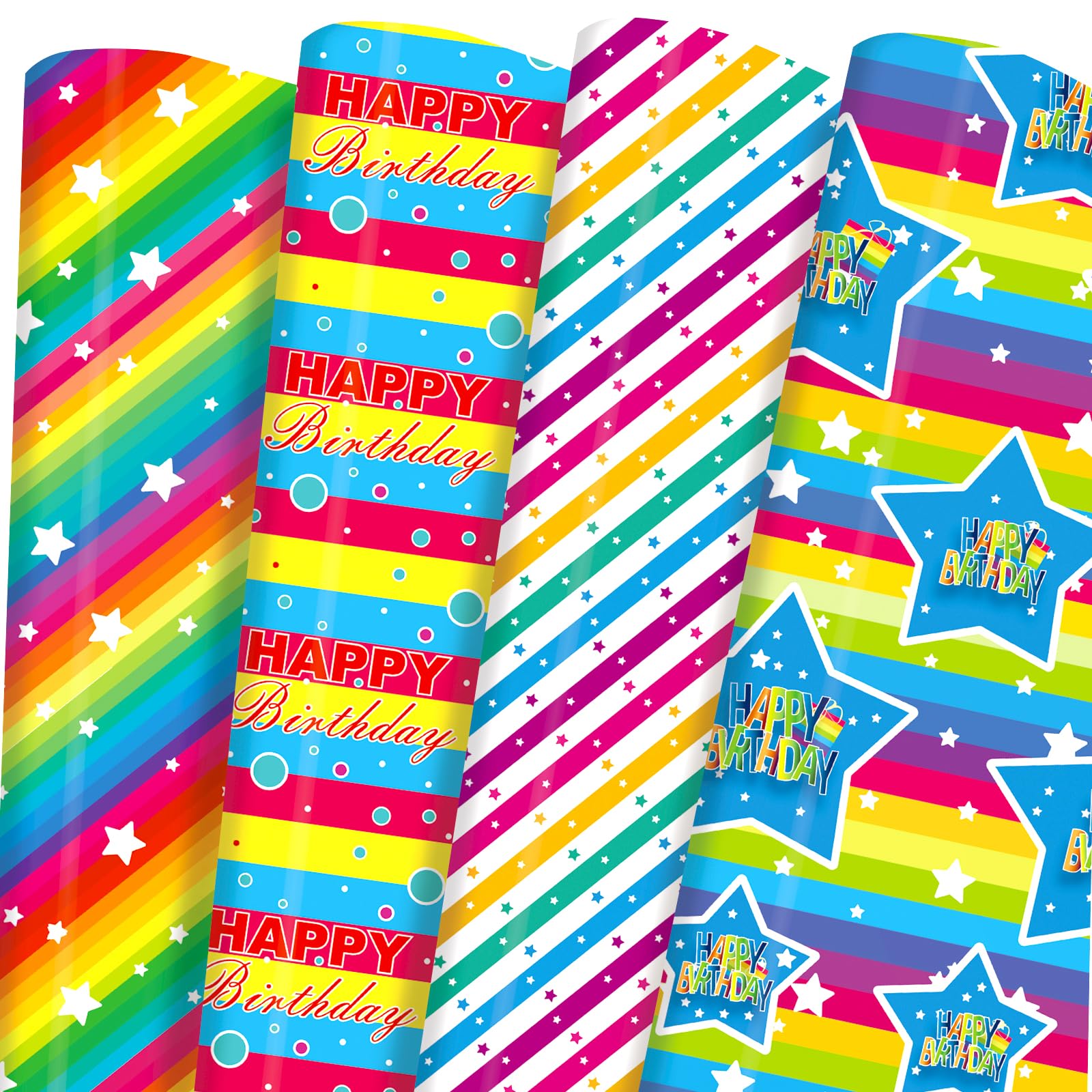 PlandRichW Rainbow Wrapping Paper Folded for Kids Boys Girls Birthday with Rainbow Star Stripe Line Happy Birthday 4 Designs for Baby Shower, Party, Precut 12 Sheets Each 20"x29"