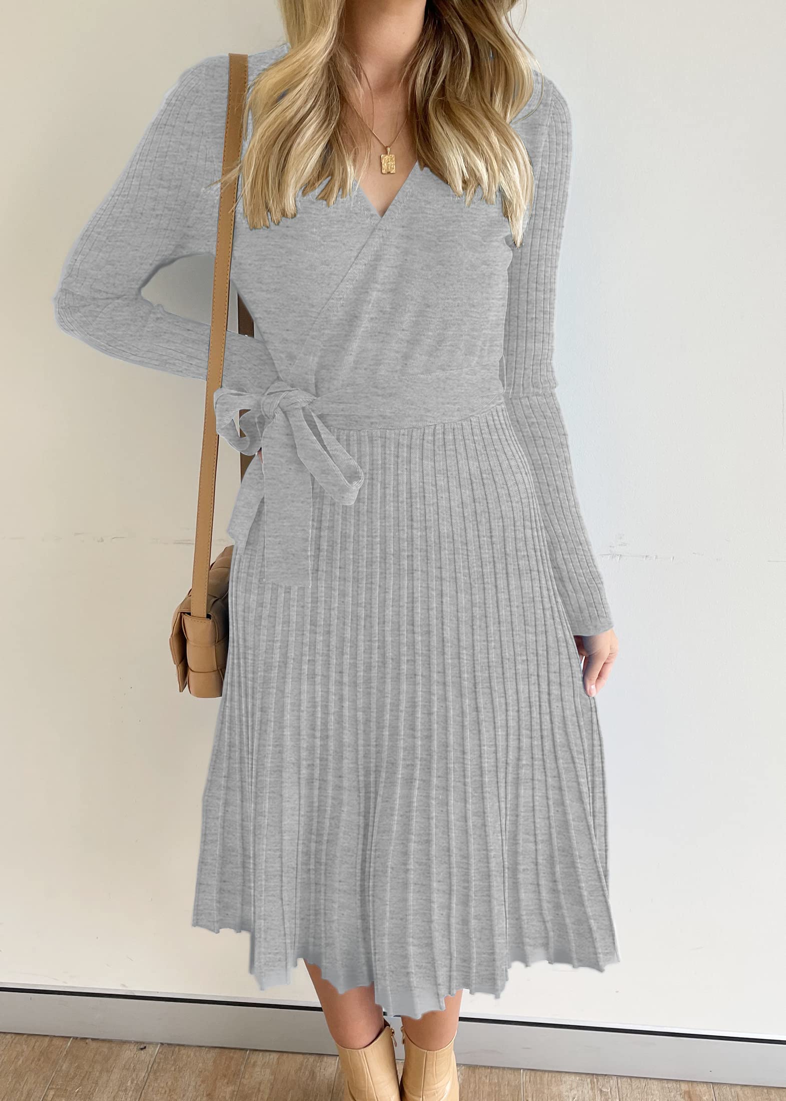 ZESICA Women's Fall Long Sleeve Wrap V Neck Ribbed Knit Pleated A Line Pullover Sweater Dress with Belt,Grey,Small