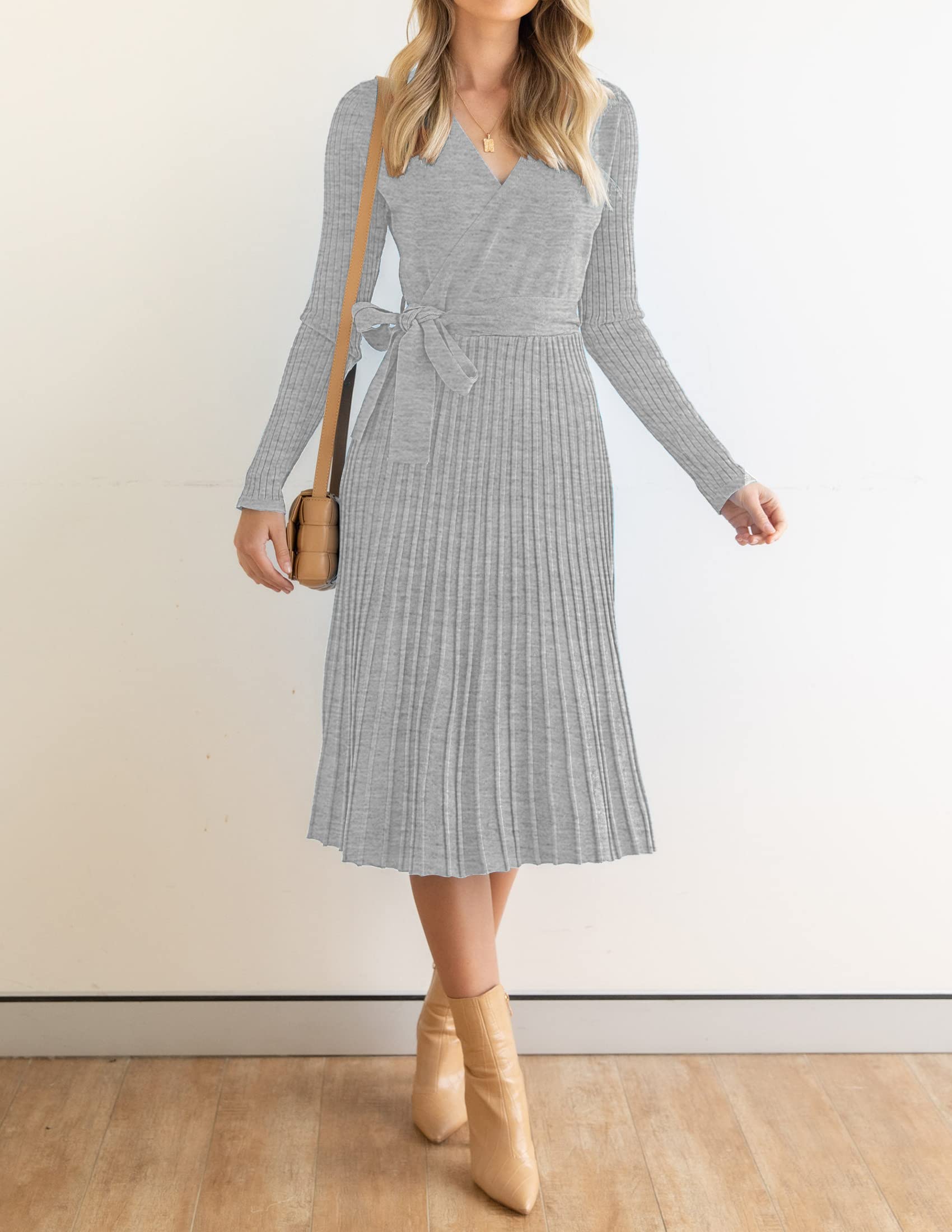 ZESICA Women's Fall Long Sleeve Wrap V Neck Ribbed Knit Pleated A Line Pullover Sweater Dress with Belt,Grey,Small