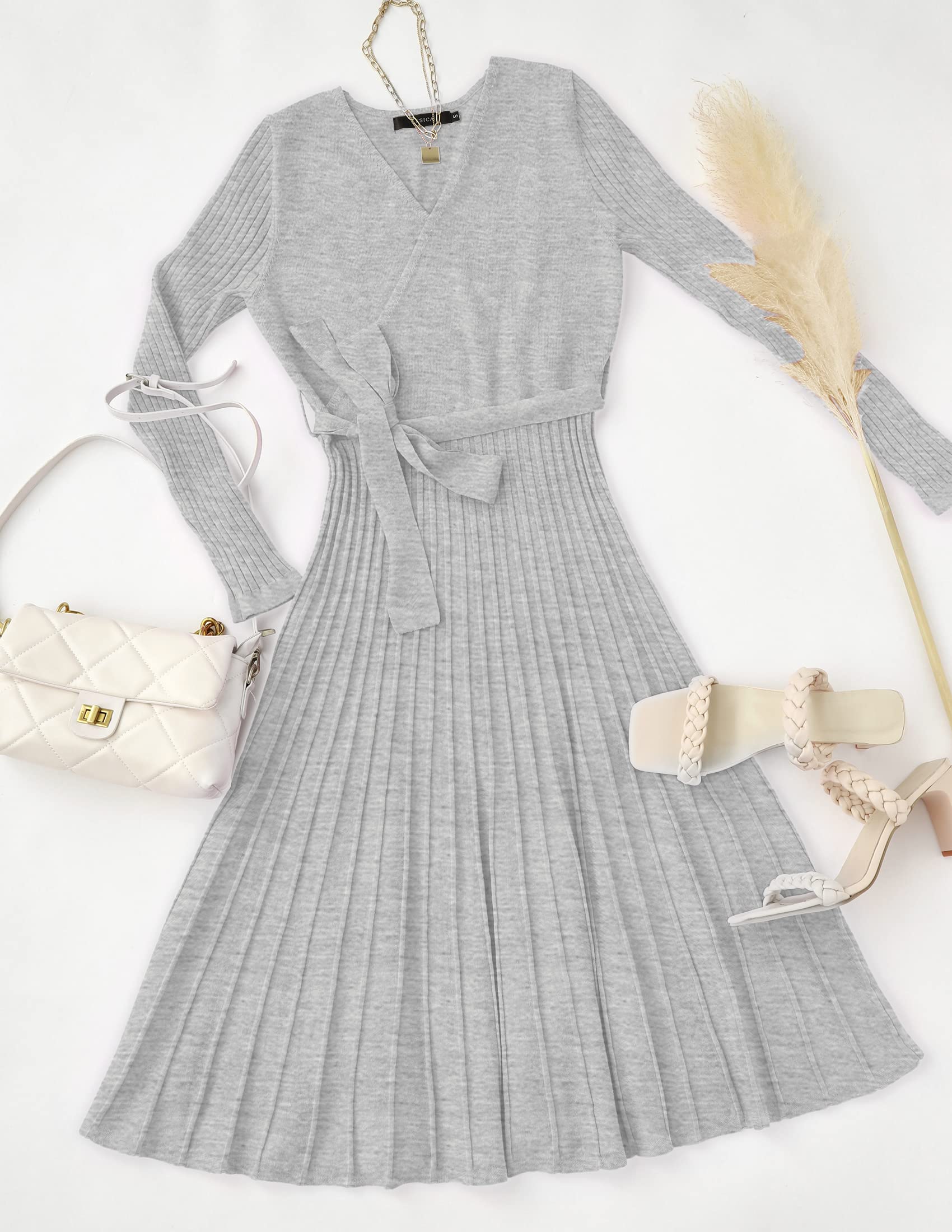 ZESICA Women's Fall Long Sleeve Wrap V Neck Ribbed Knit Pleated A Line Pullover Sweater Dress with Belt,Grey,Small