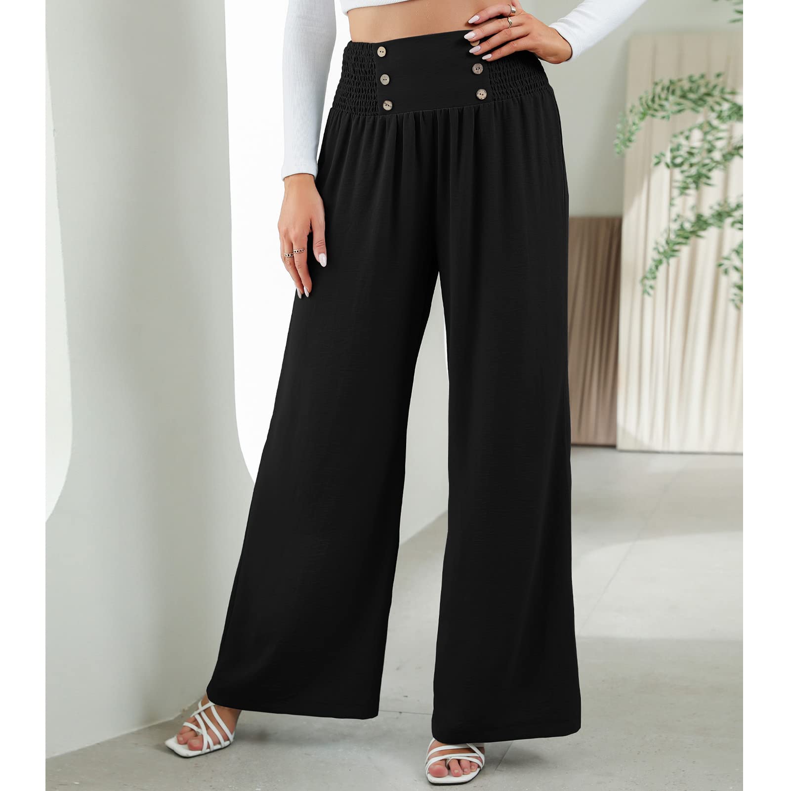Pissente Women Wide Leg Trousers Shirred High Elastic Waist Button Decoration Casual Pants for Work Dating(XL-Black)