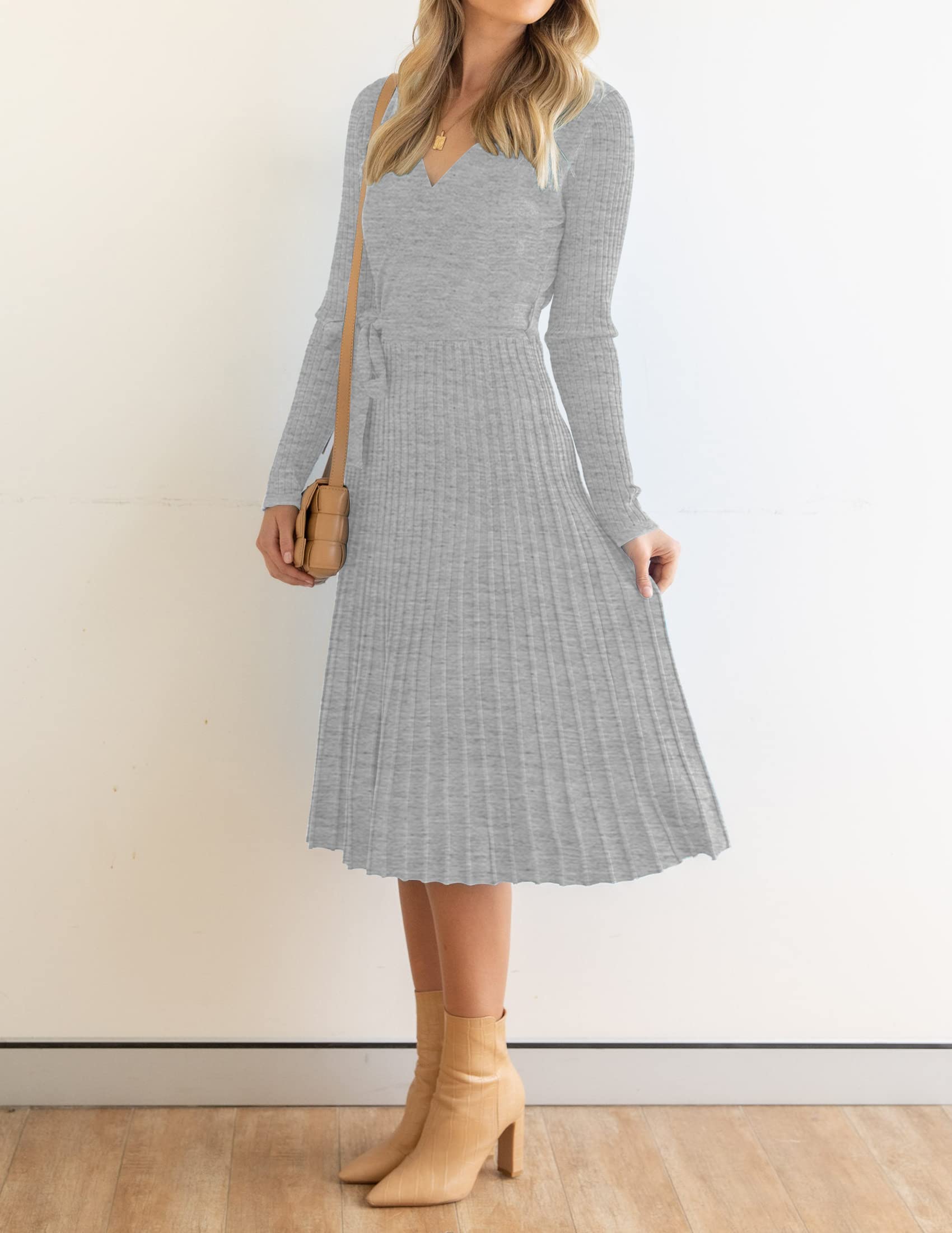 ZESICA Women's Fall Long Sleeve Wrap V Neck Ribbed Knit Pleated A Line Pullover Sweater Dress with Belt,Grey,Small